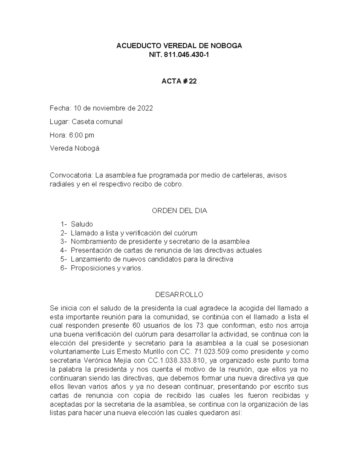 ACTA - Estudio material - ACUEDUCTO VEREDAL DE NOBOGA NIT. 811.045- ACTA # 22 Fecha: 10 de ...