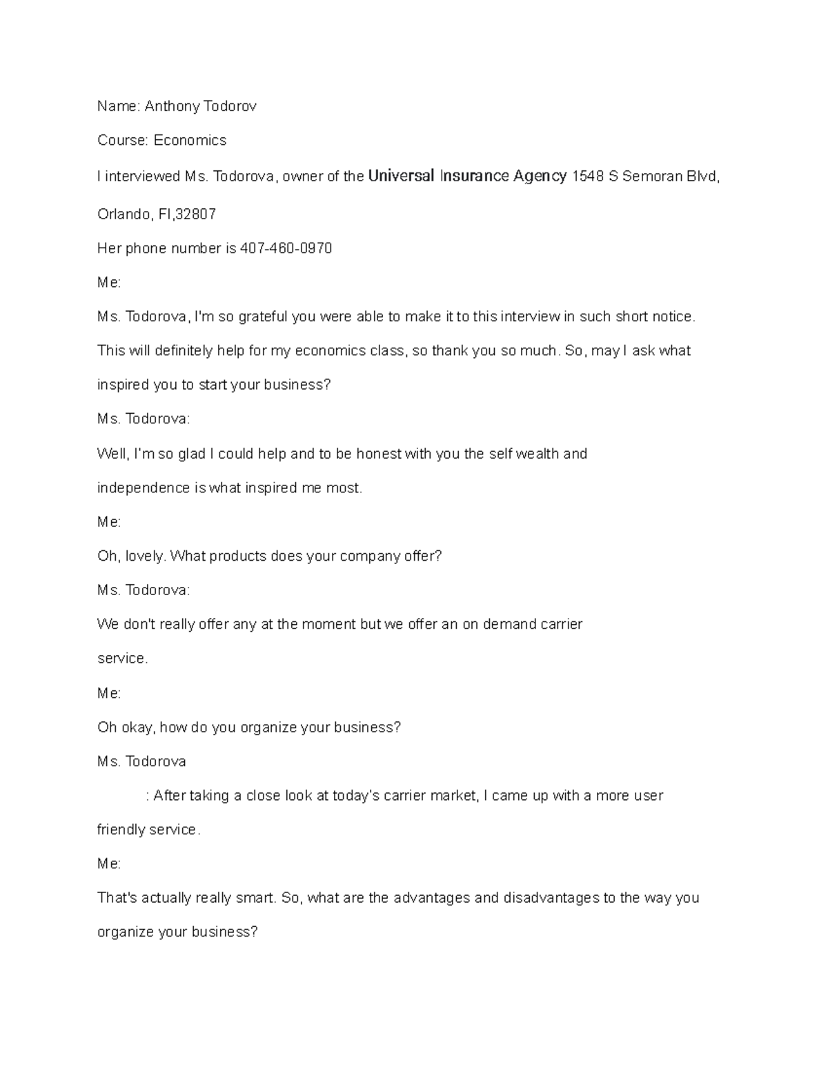 2.05 max - its eat st - Name: Anthony Todorov Course: Economics I ...