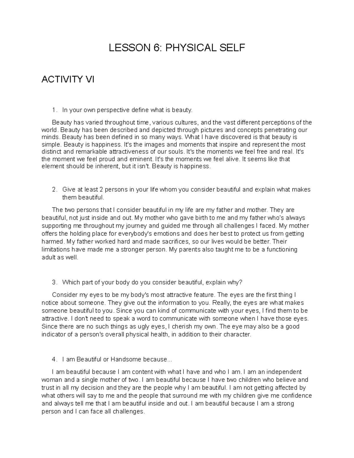 Lesson 6 Physical SELF - Activity - LESSON 6: PHYSICAL SELF ACTIVITY VI In your own perspective ...