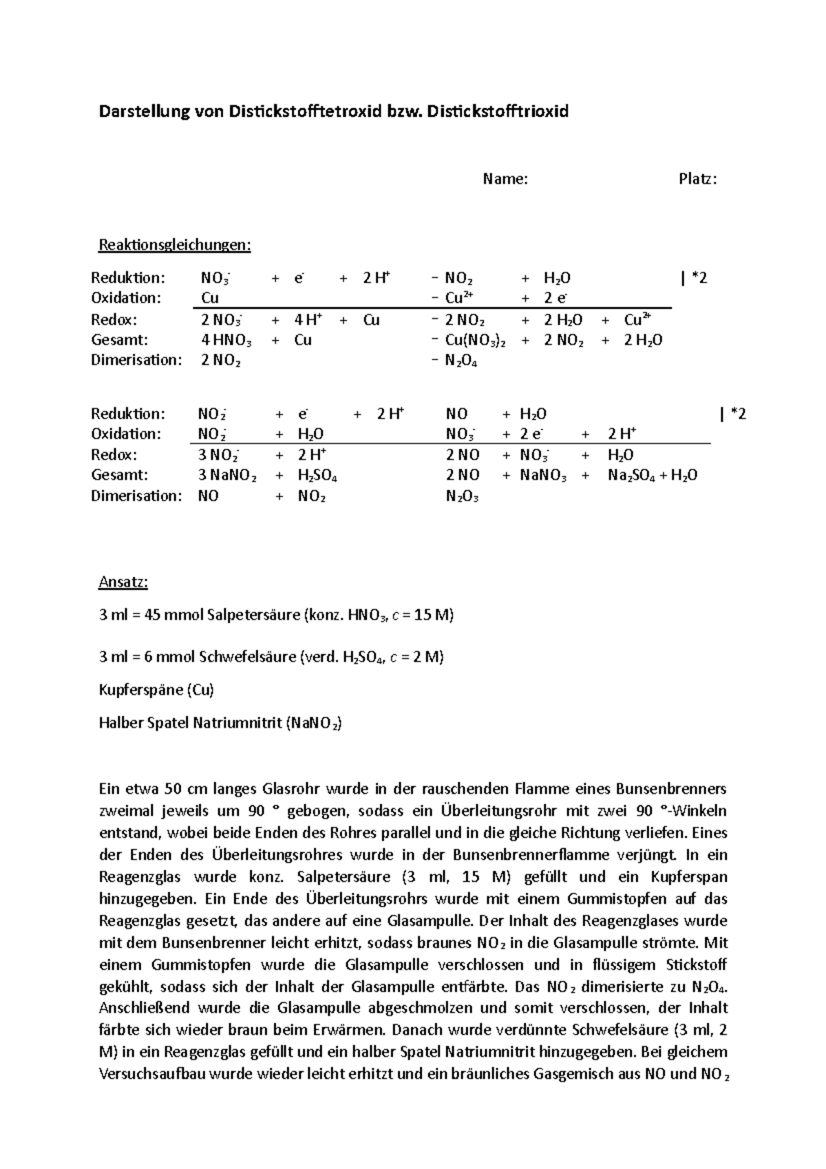 Distickstofftetroxid - Distickstofftrioxid Name: Platz ...