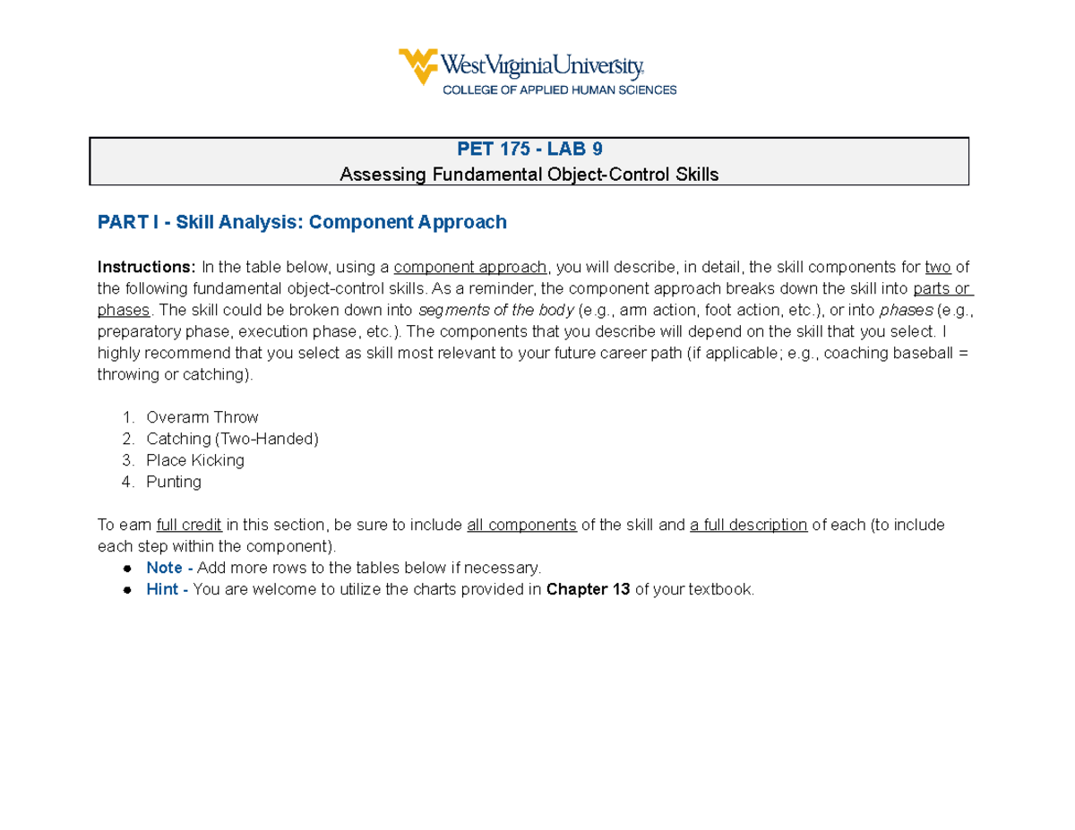 PET 175 LAB 9 - Assessing Fundamental Object-Control Skills - PET 175 ...