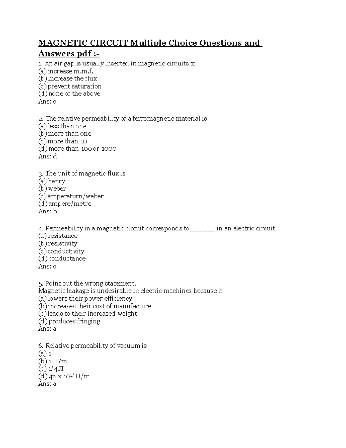 2 5296639379794559810 - MAGNETIC CIRCUIT Multiple Choice Questions and Answers pdf :- An air gap ...