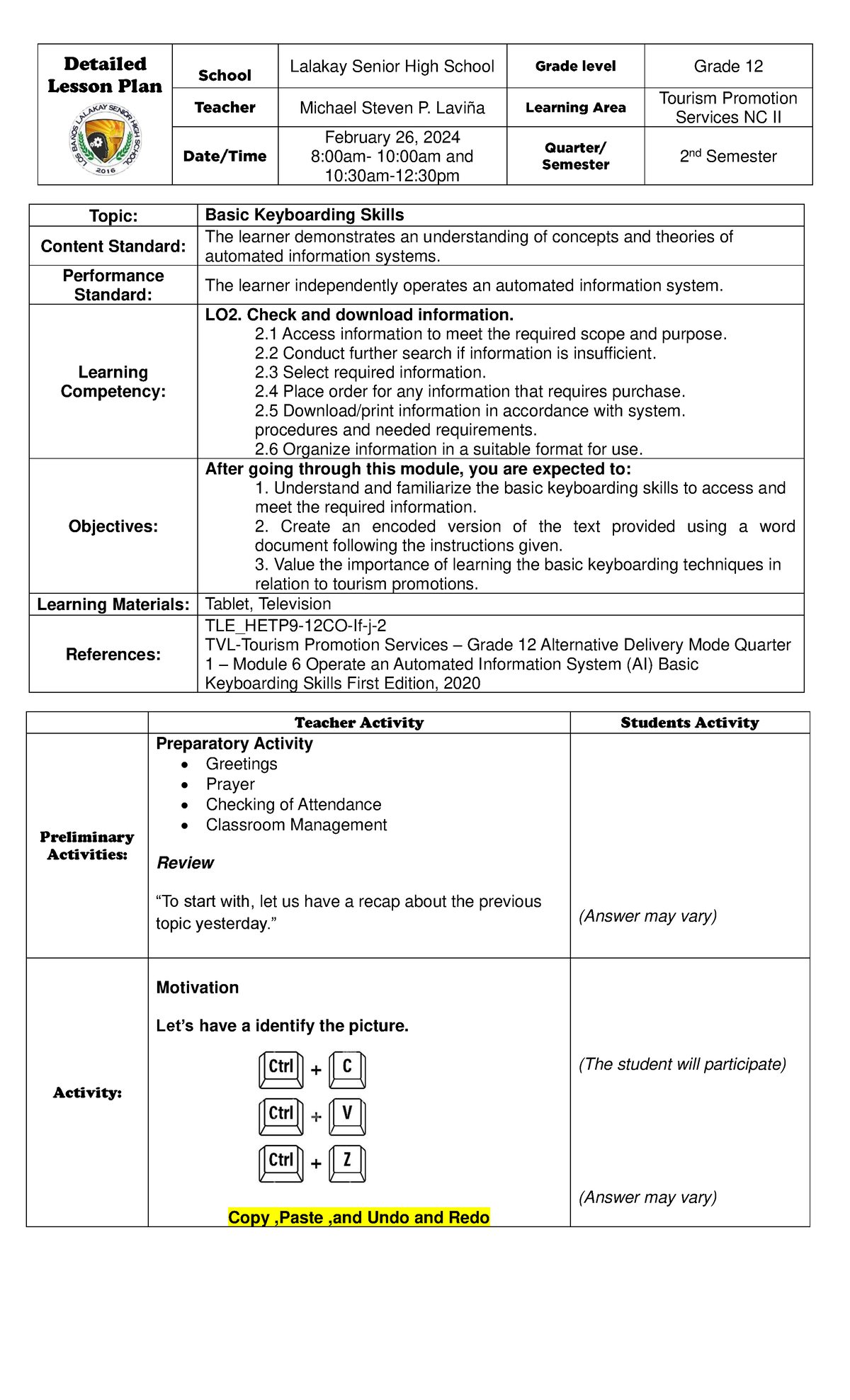 Q1 LC 5- Basic Keyboarding Skills - Topic: Basic Keyboarding Skills ...