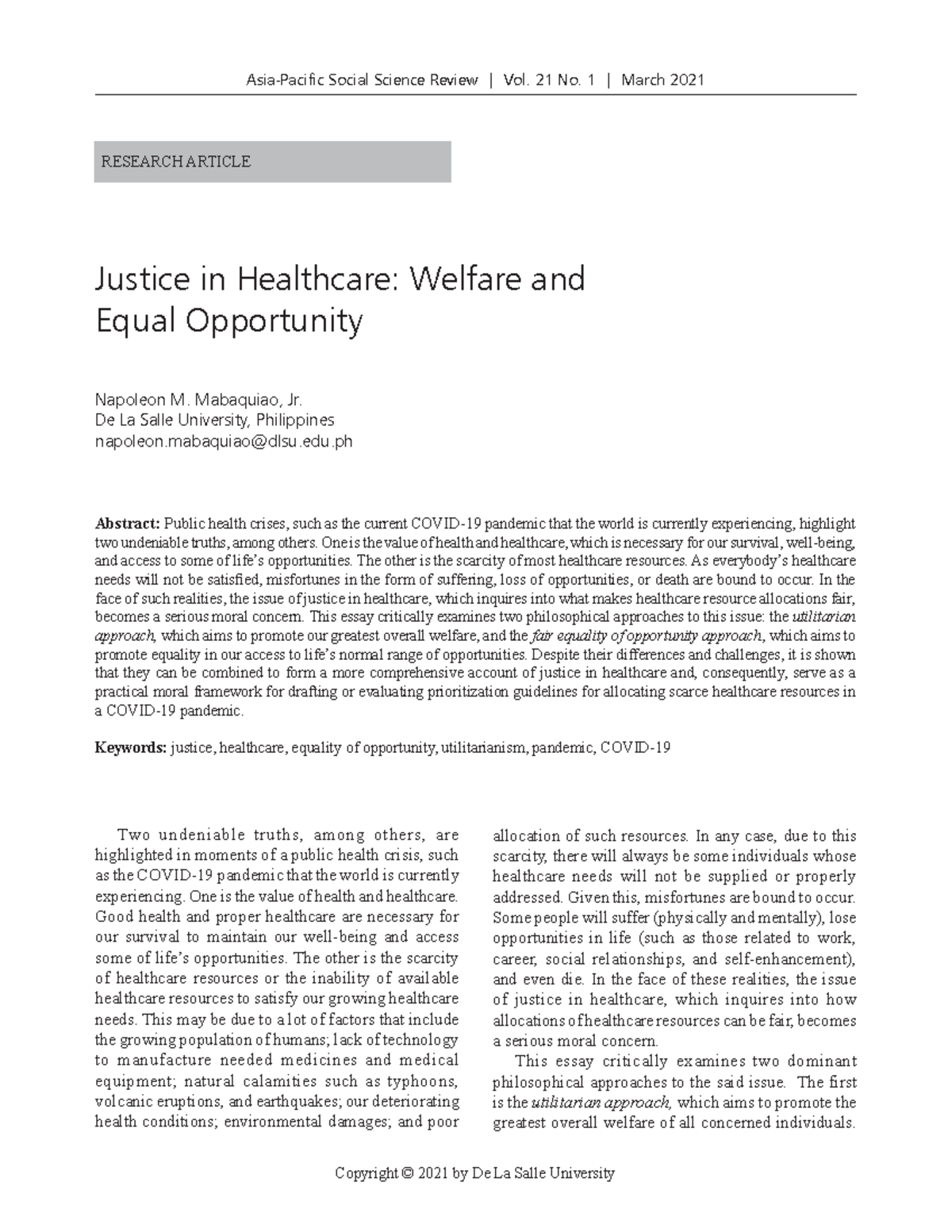 Bioethics Journal - Copyright © 2021 by De La Salle University RESEARCH ...