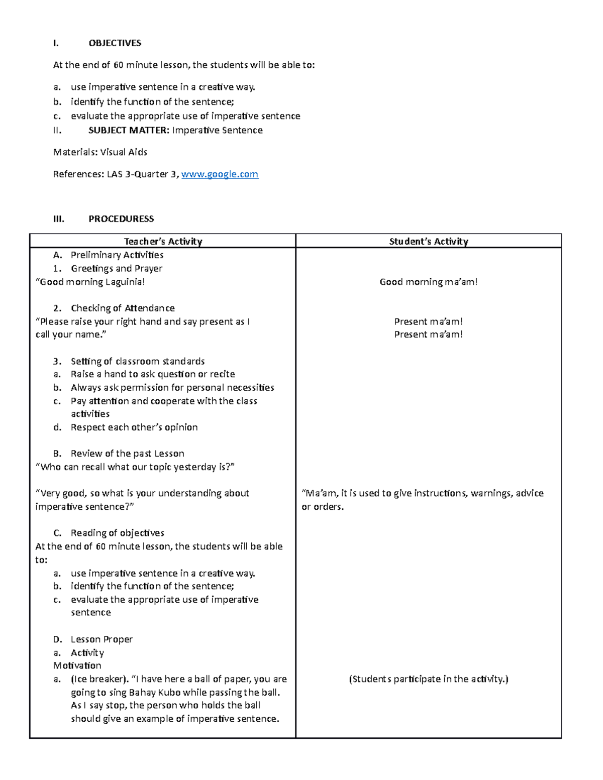 2nd lesson plan - i hope this helps. - I. OBJECTIVES At the end of 60 ...