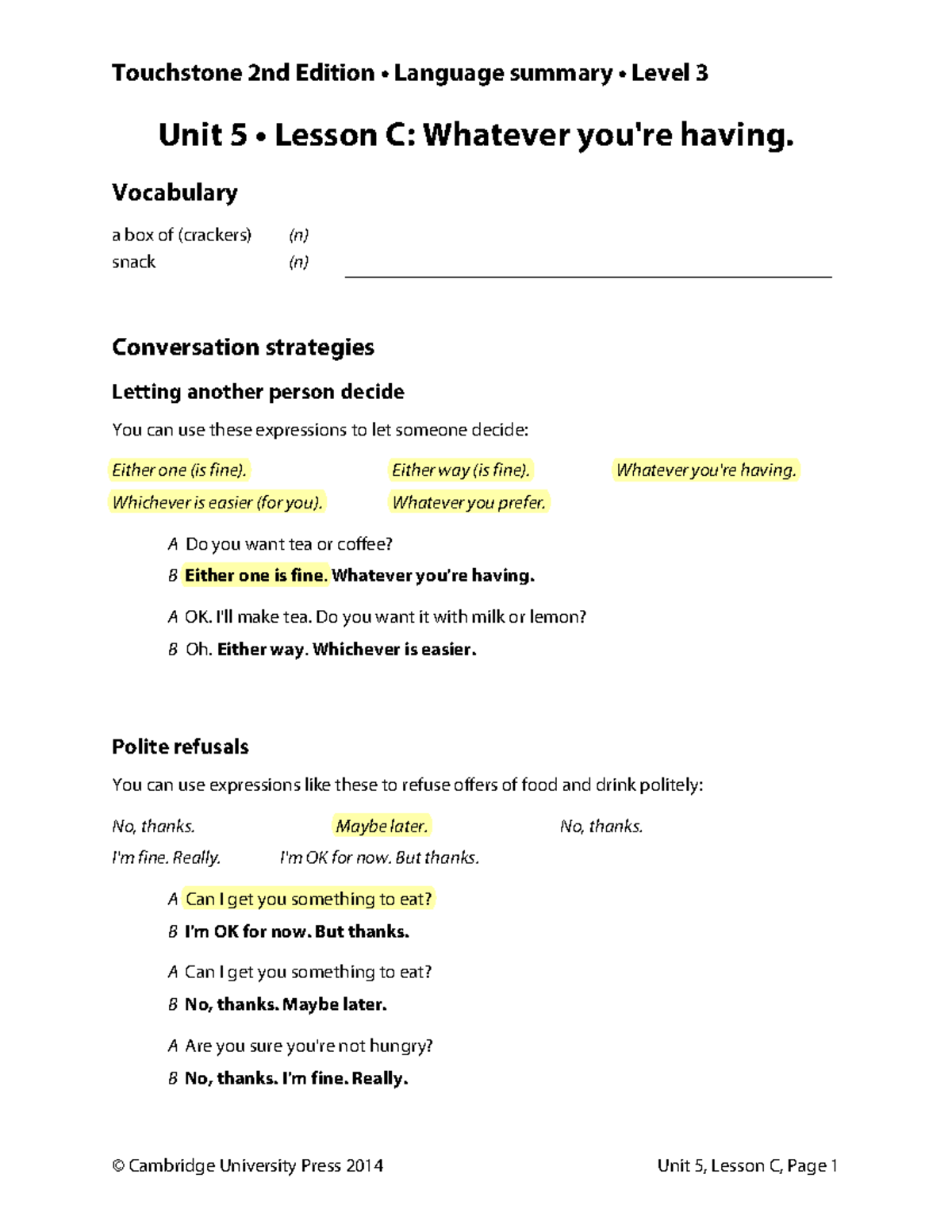 UND 3 Lesson C - Material de apoyo para la segunda lengua - Touchstone 2nd Edition • Language ...