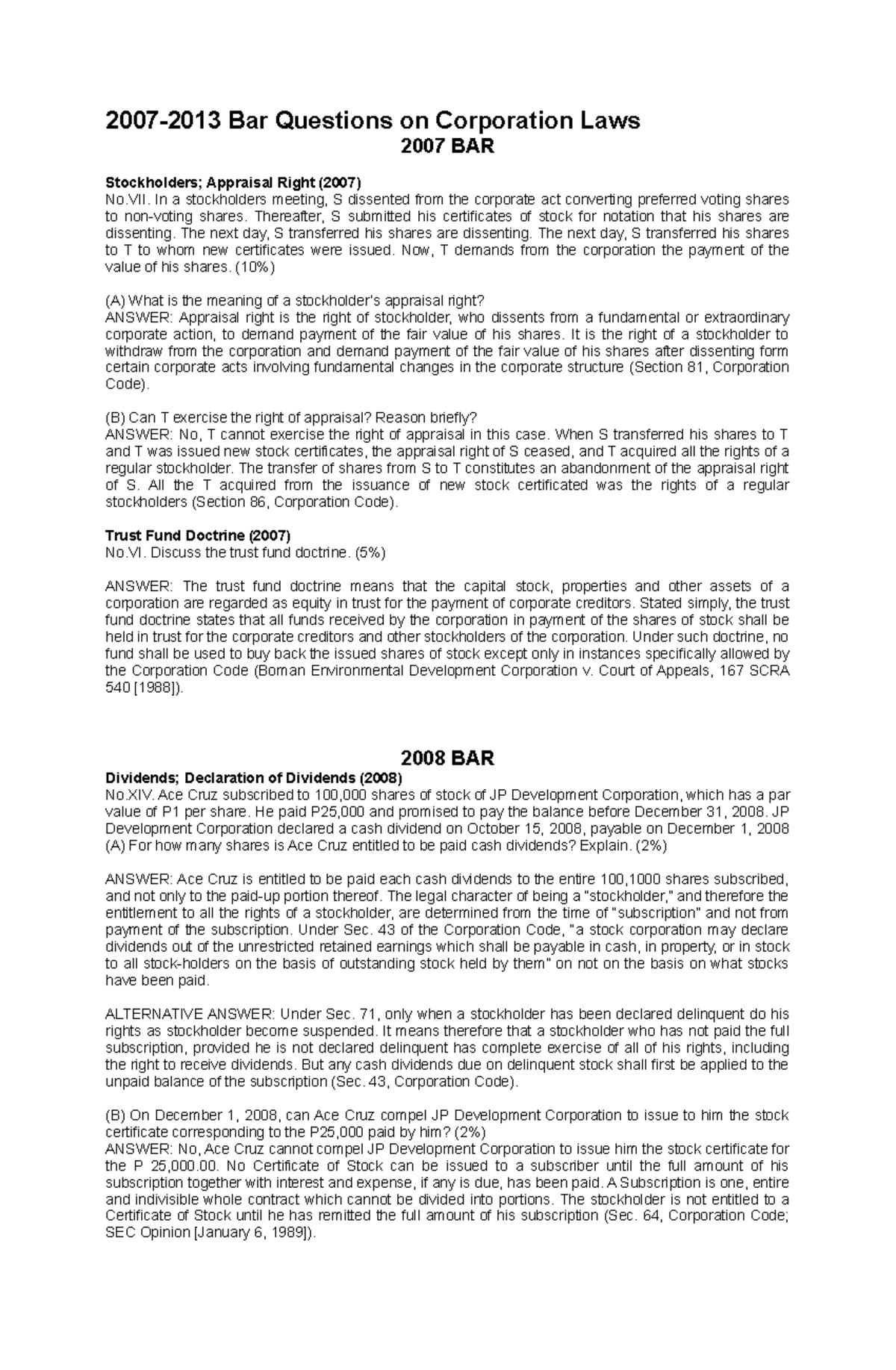 Corpo BAR Questions - 2007-2013 Bar Questions on Corporation Laws 2007 ...