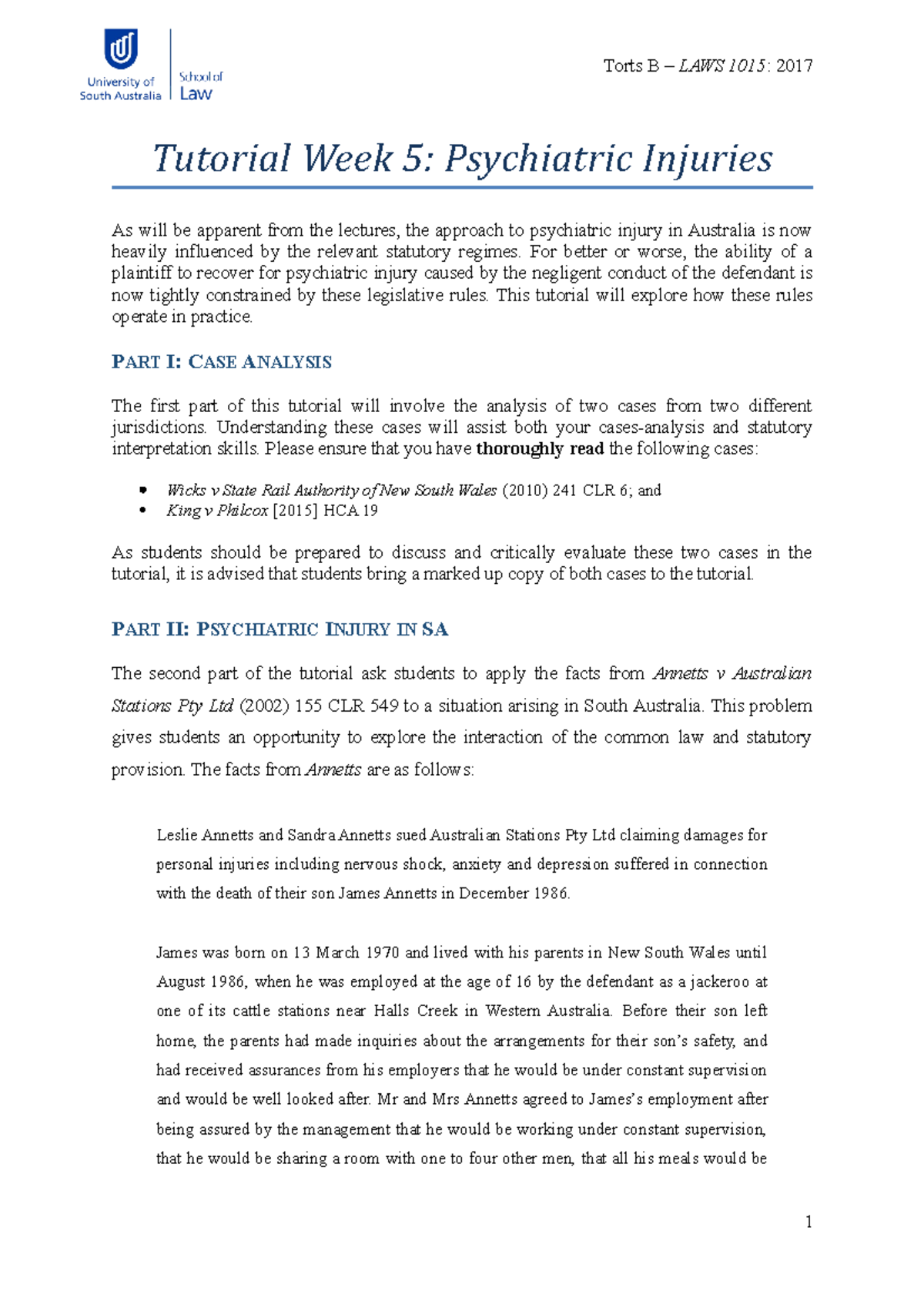 Tutorial Week 5 - Psychiatric Injuries (4) - Tutorial Week 5 ...