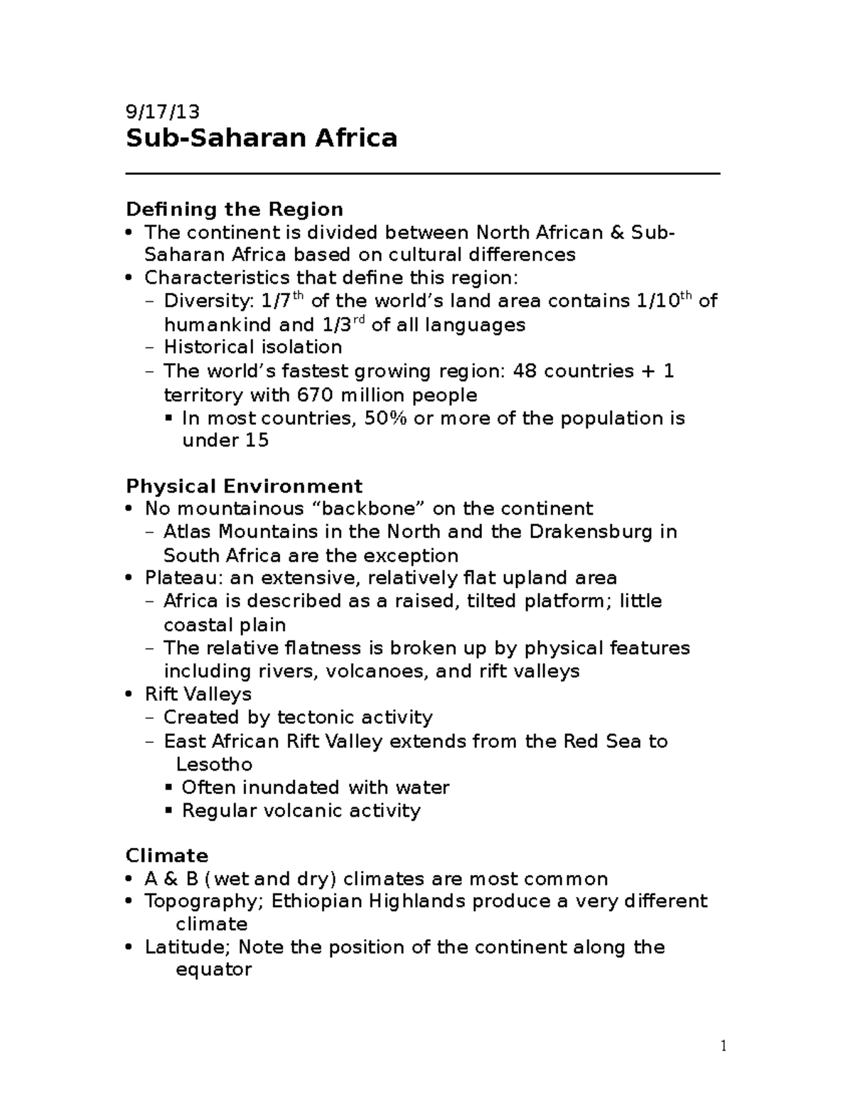 Lecture 6 - Sub-Saharan Africa 9-17-13 - 9/17/13 Sub-Saharan Africa ...
