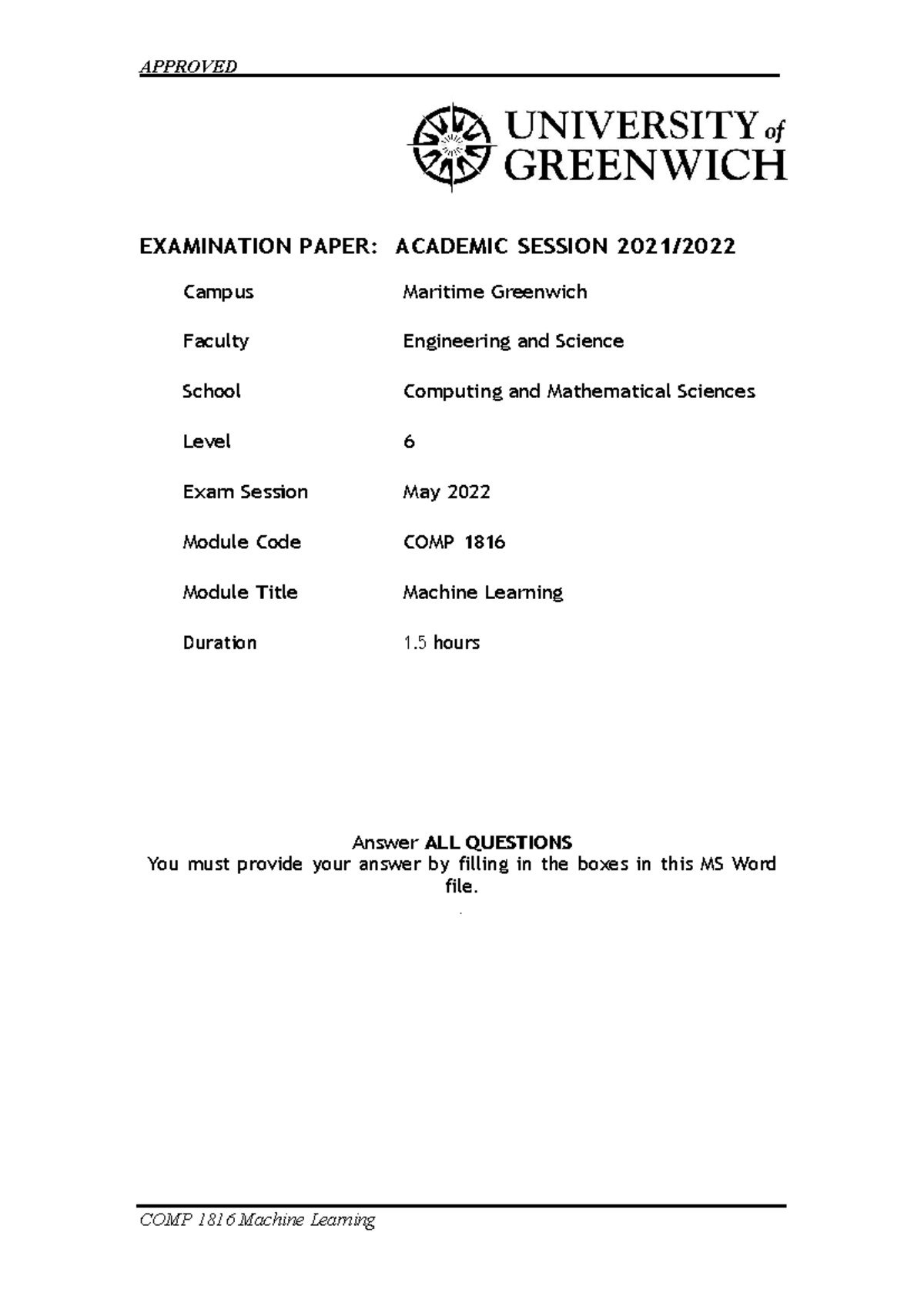 Machine Learning Exam 2022-23 - EXAMINATION PAPER: ACADEMIC SESSION ...