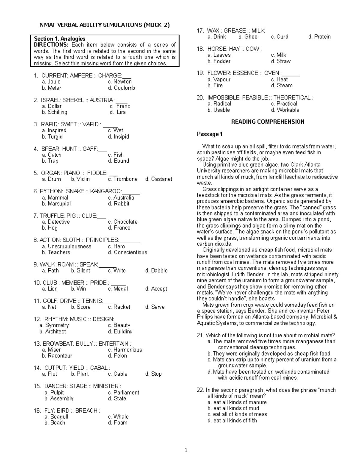 Pdfcoffee - NMAT VERBAL ABILITY SIMULATIONS (MOCK 2) Section 1. Analogies DIRECTIONS: Each item ...