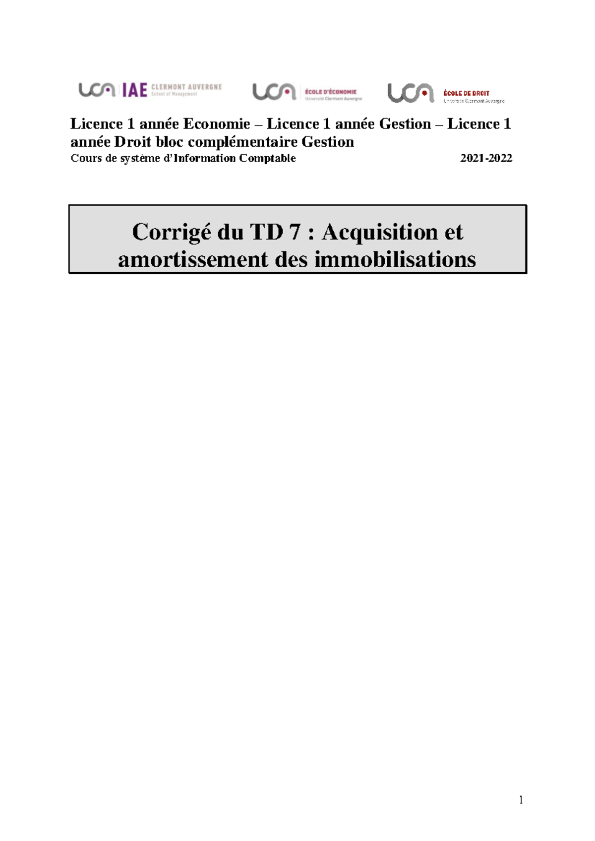 TD7 Correction - Licence 1 année Economie – Licence 1 année Gestion – Licence 1 année Droit bloc ...