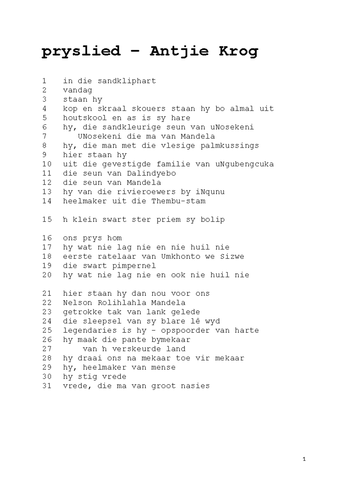 Gedig-7- Pryslied - Poem notes - pryslied – Antjie Krog 1 in die ...