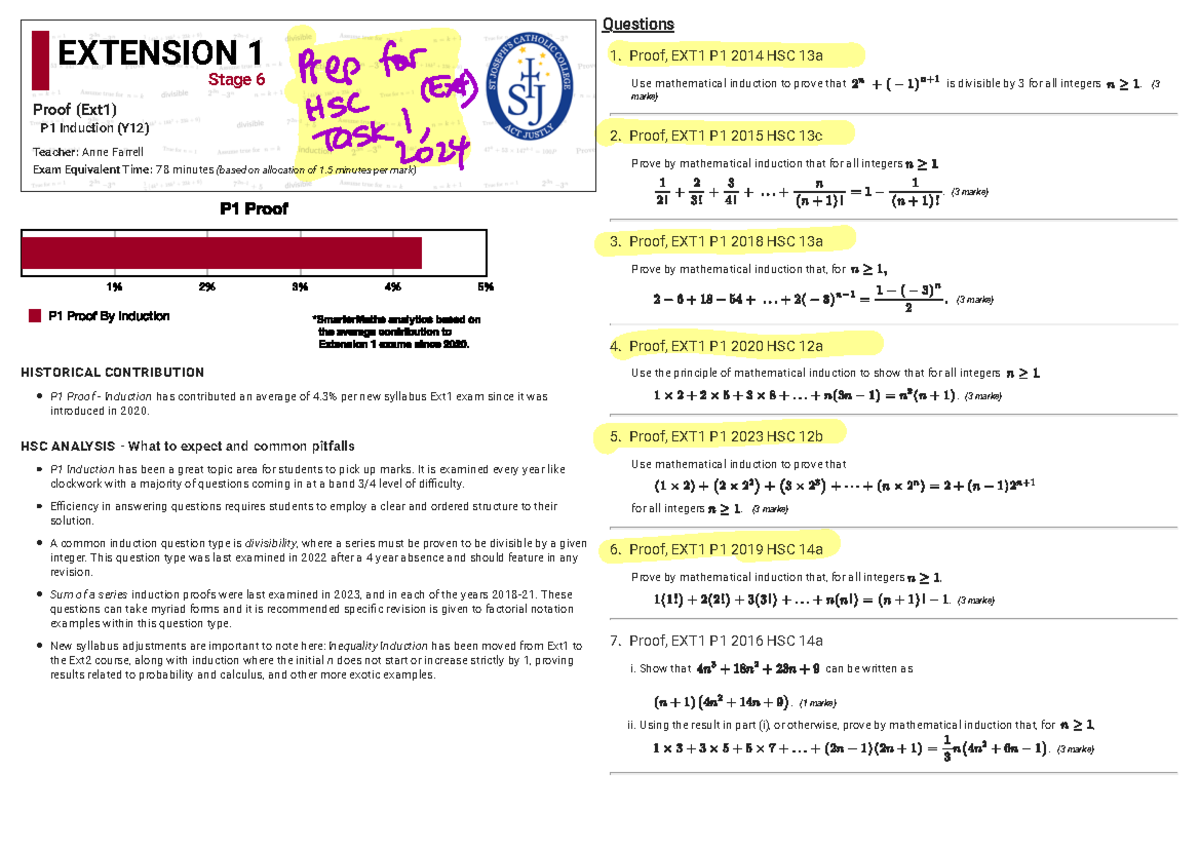 2024 Ext 1 Mth Induction - Proof (Ext 1 ) P 1 Induction (Y 12 ) Teacher ...