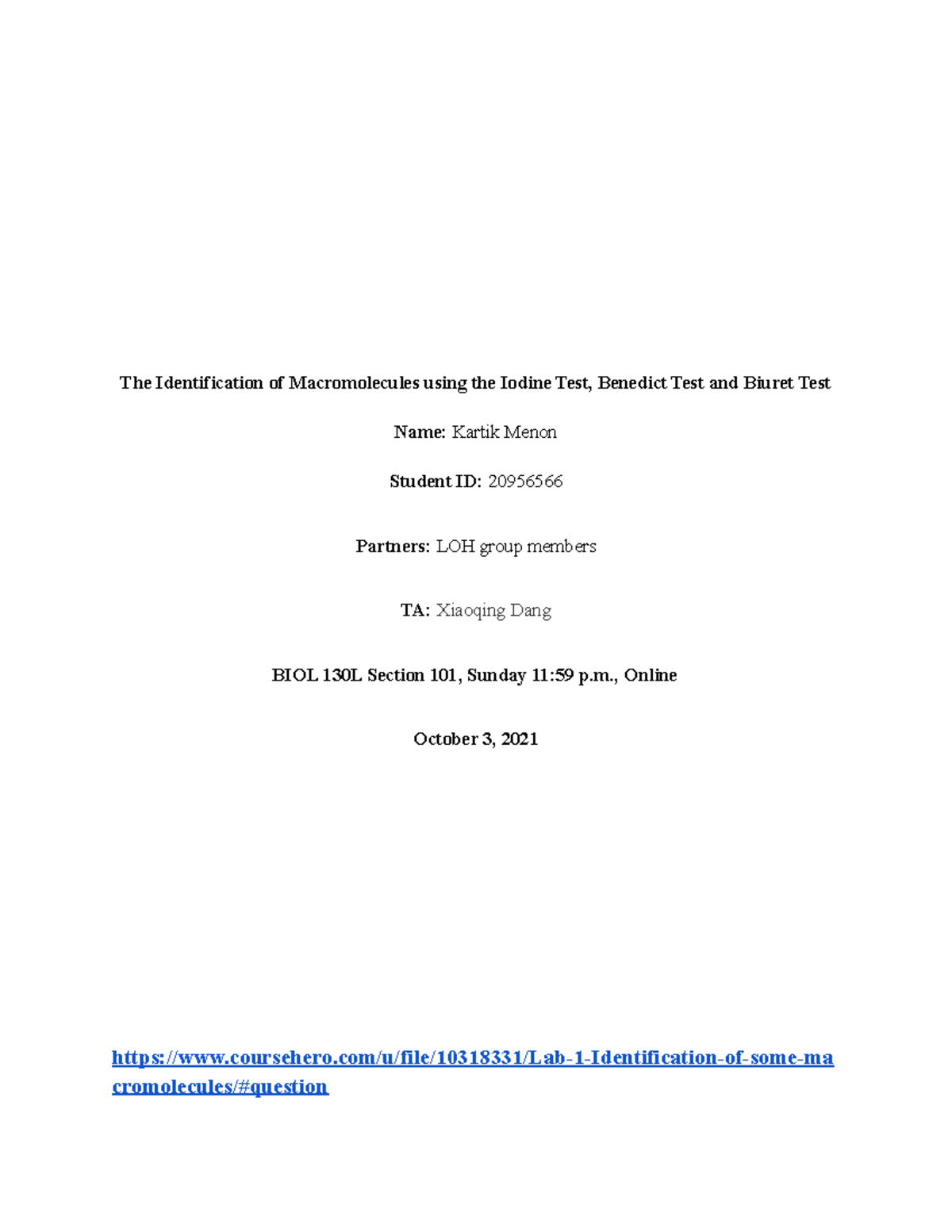 BIo 130L First Lab - lab report 1: identification of certain ...