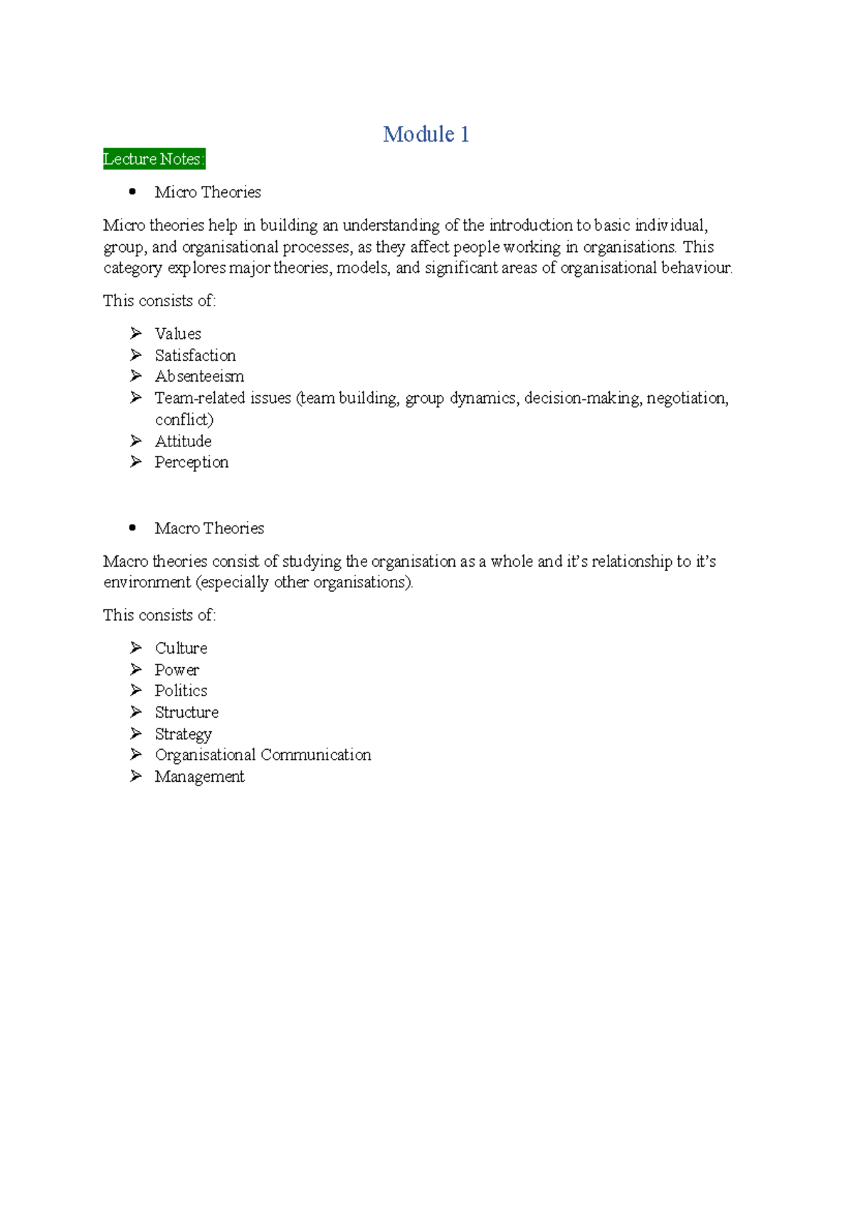 Module 1 - Module 1 Lecture Notes: Micro Theories Micro theories help ...