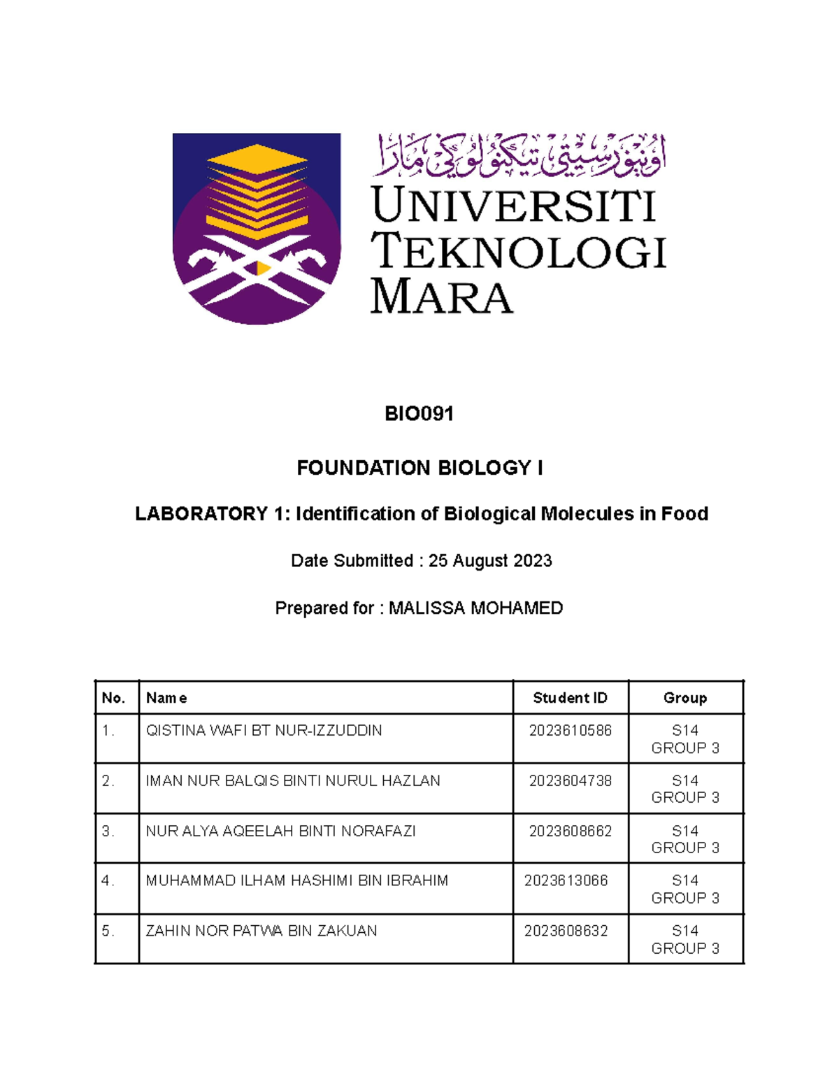 Identification of Biological Molecules in Food lab report - BIO ...