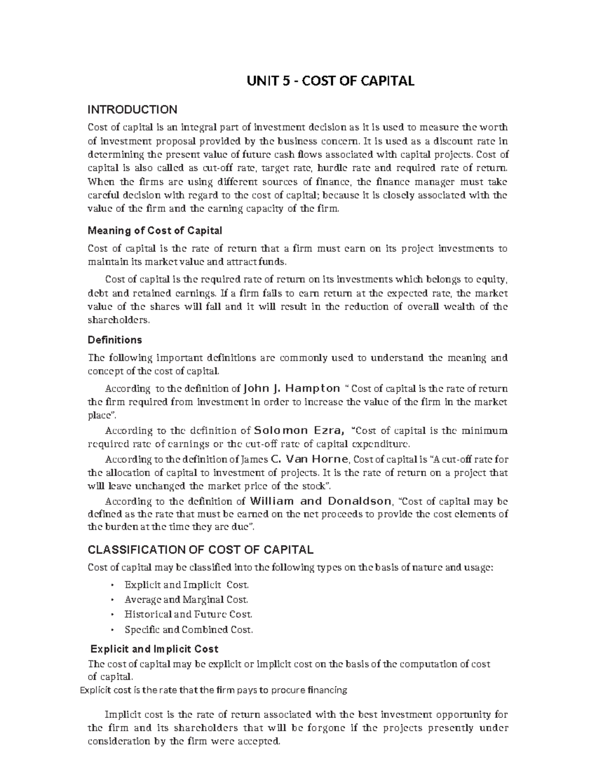 UNIT 5 cost of capital - UNIT 5 - COST OF CAPITAL INTRODUCTION Cost of ...