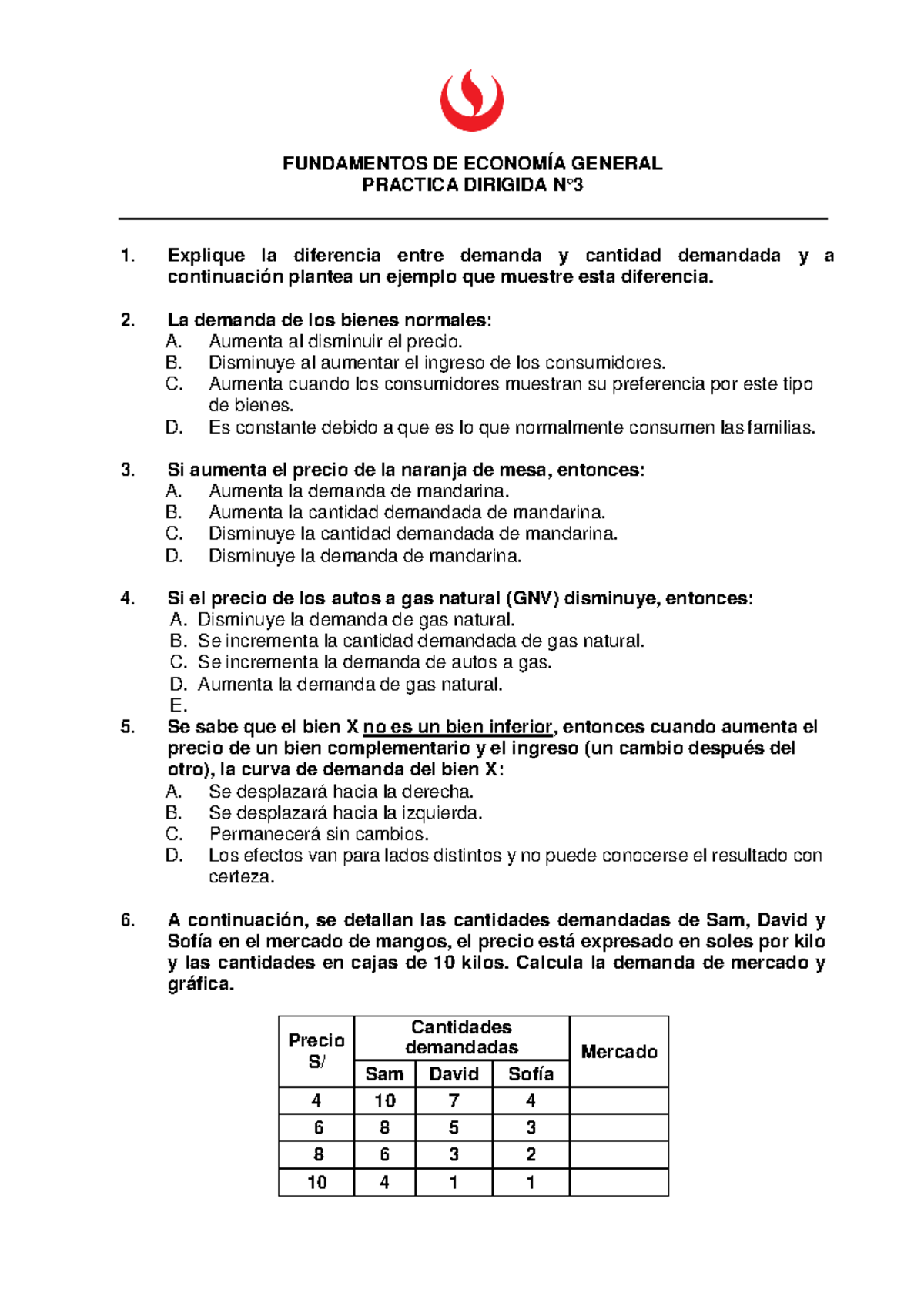 PD3 - Demanda - Practica dirigida 3 - FUNDAMENTOS DE ECONOMÍA GENERAL PRACTICA DIRIGIDA N ...