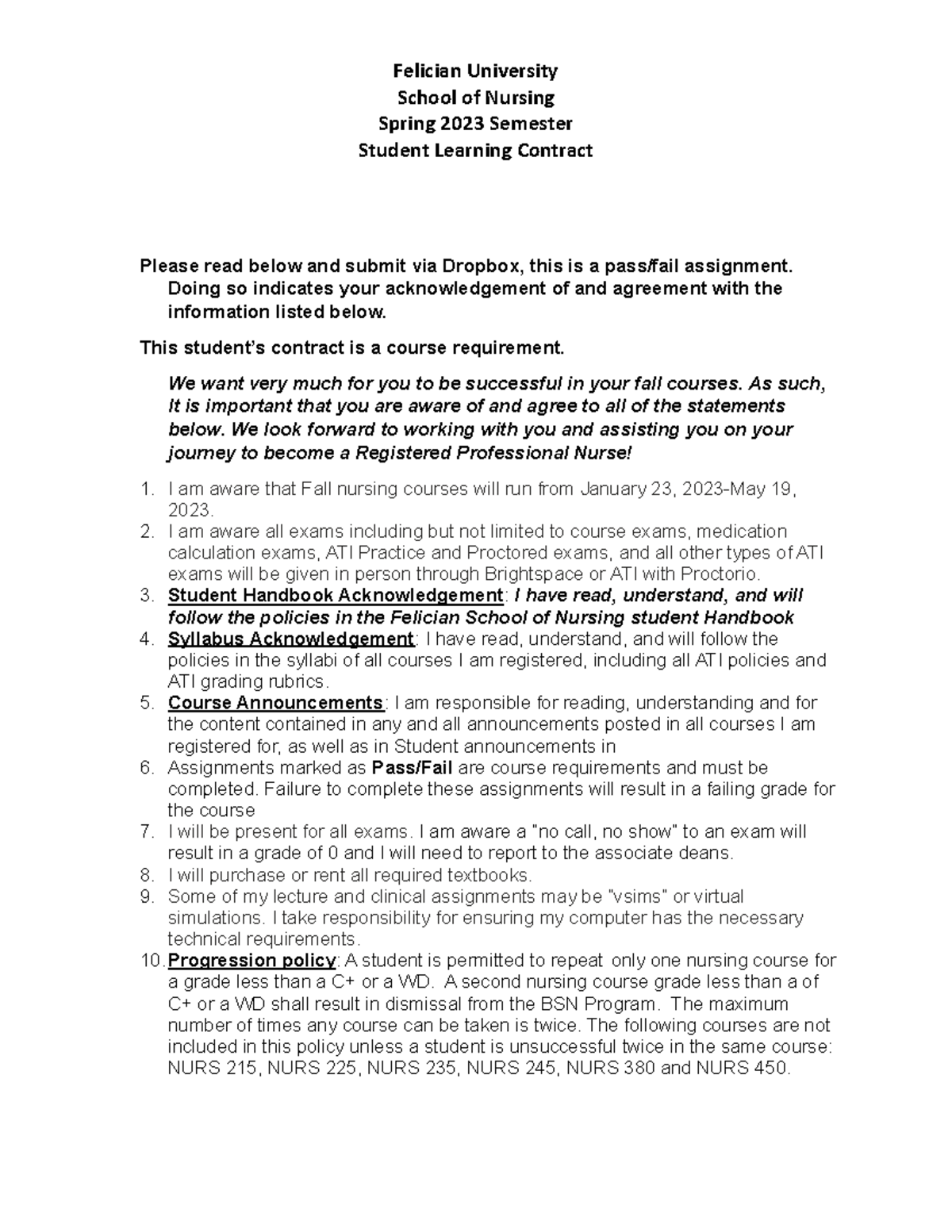 Spring 23Learning Contract - Felician University School of Nursing ...