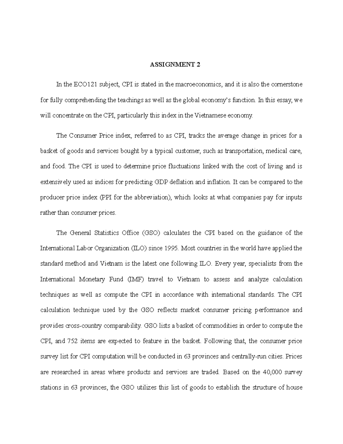 Assignment 2 - about eco201 - ASSIGNMENT 2 In the ECO121 subject, CPI ...