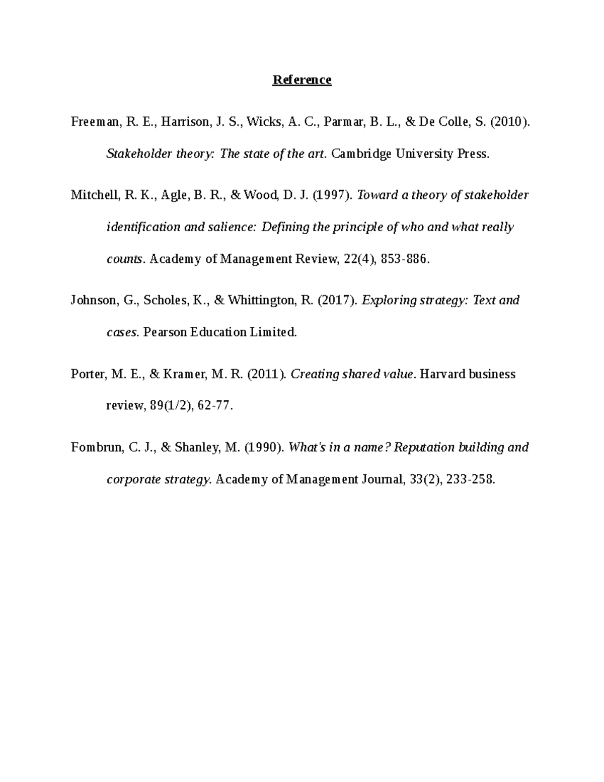 Reference Page Case Study 2 - Reference Freeman, R. E., Harrison, J. S ...