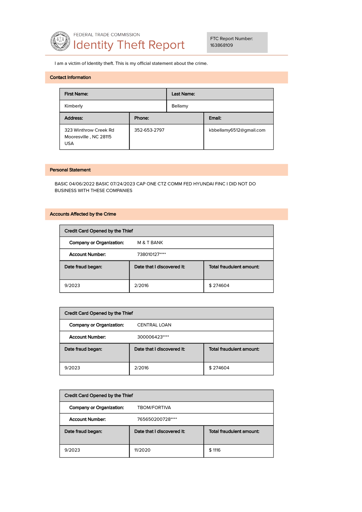 Kimberly Bellamy IDTheft Report OO 163868109 - I am a victim of ...