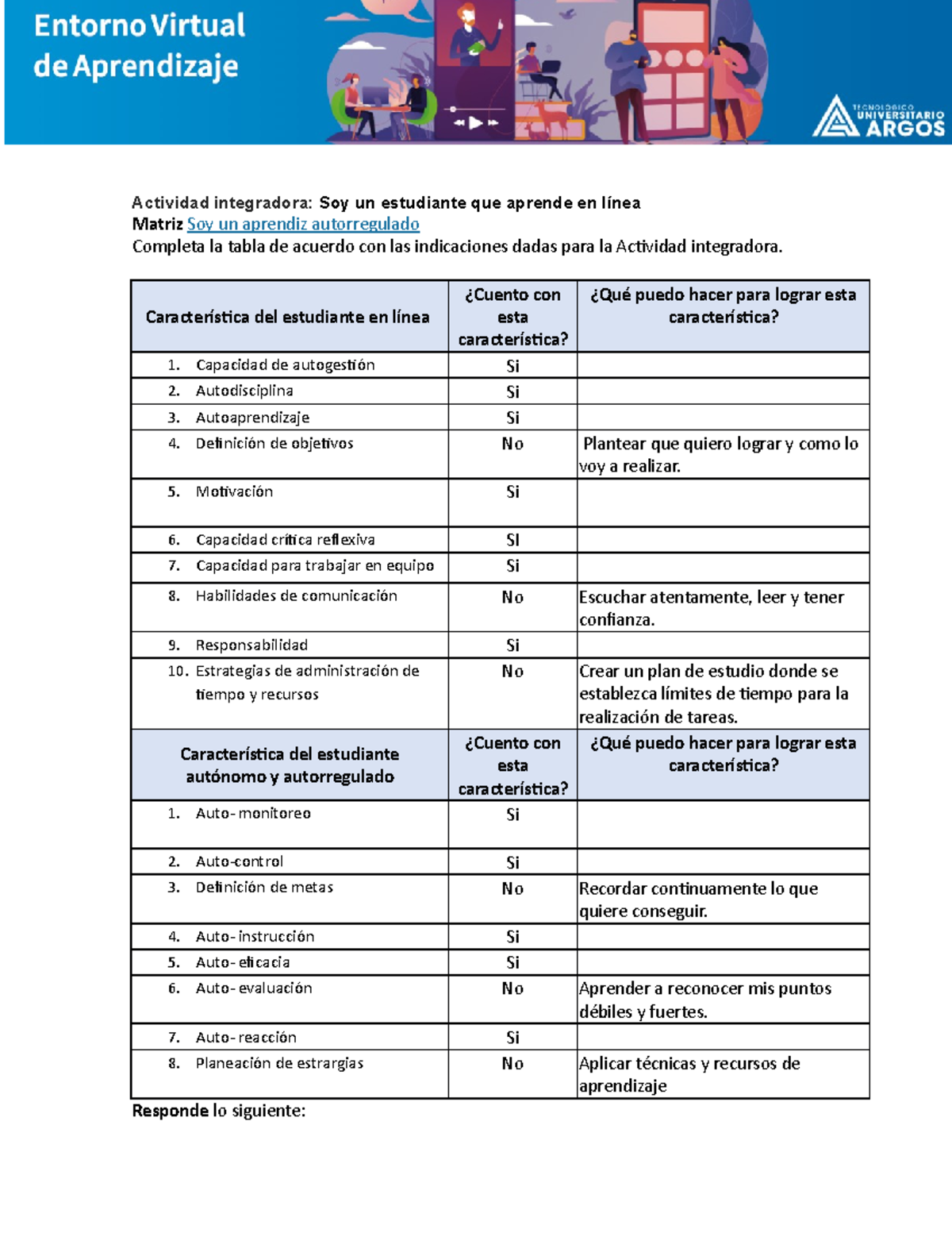 Matriz Soy un aprendiz autorregulado - Actividad integradora: Soy un ...