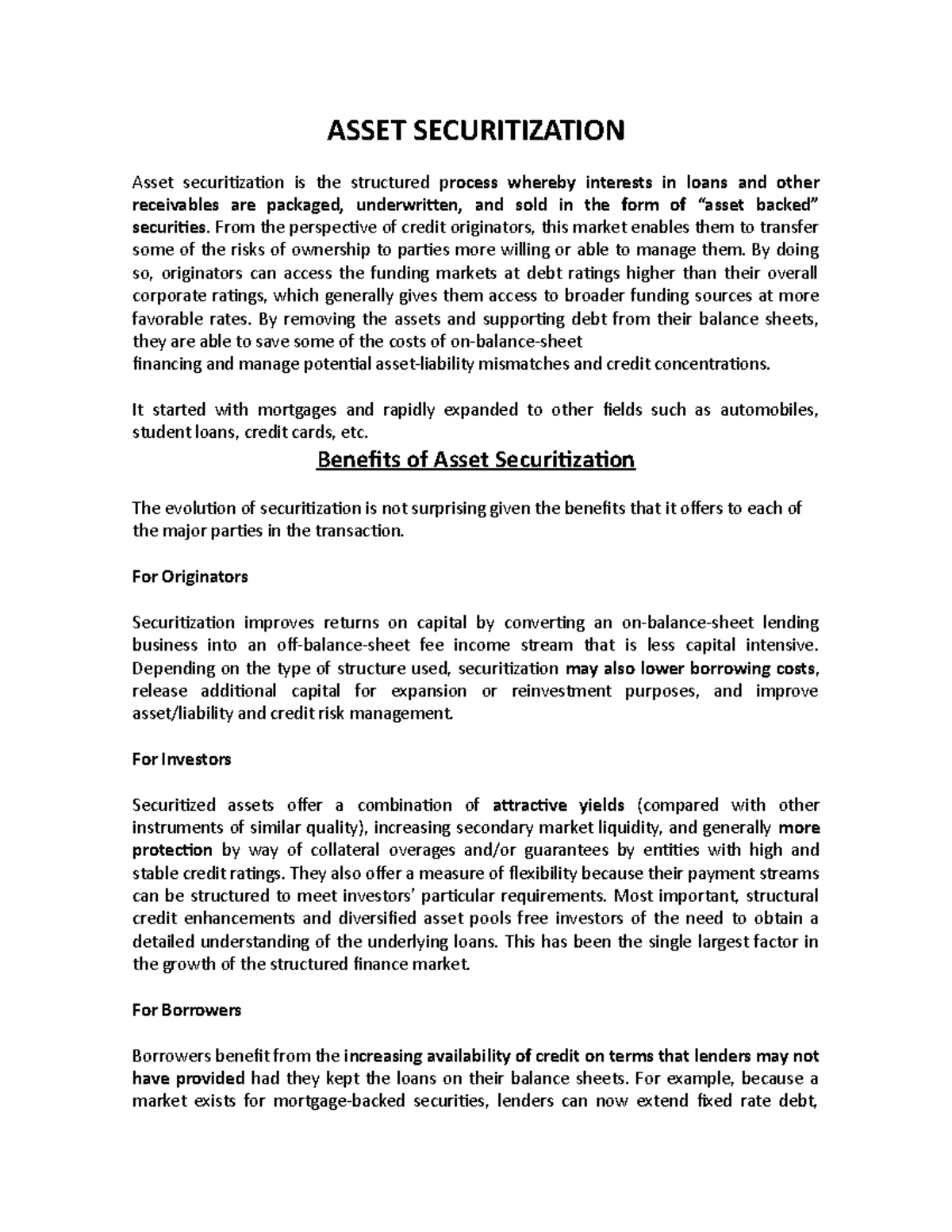 Exam - Asset securitization Summary - ASSET SECURITIZATION Asset ...