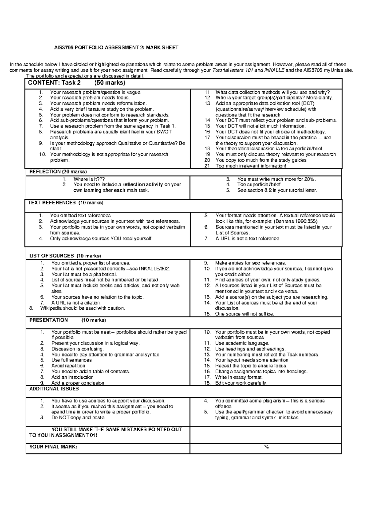 AIS3705 Marksheet Ass02 Template - AIS3705 PORTFOLIO ASSESSMENT 2: MARK SHEET In the schedule ...