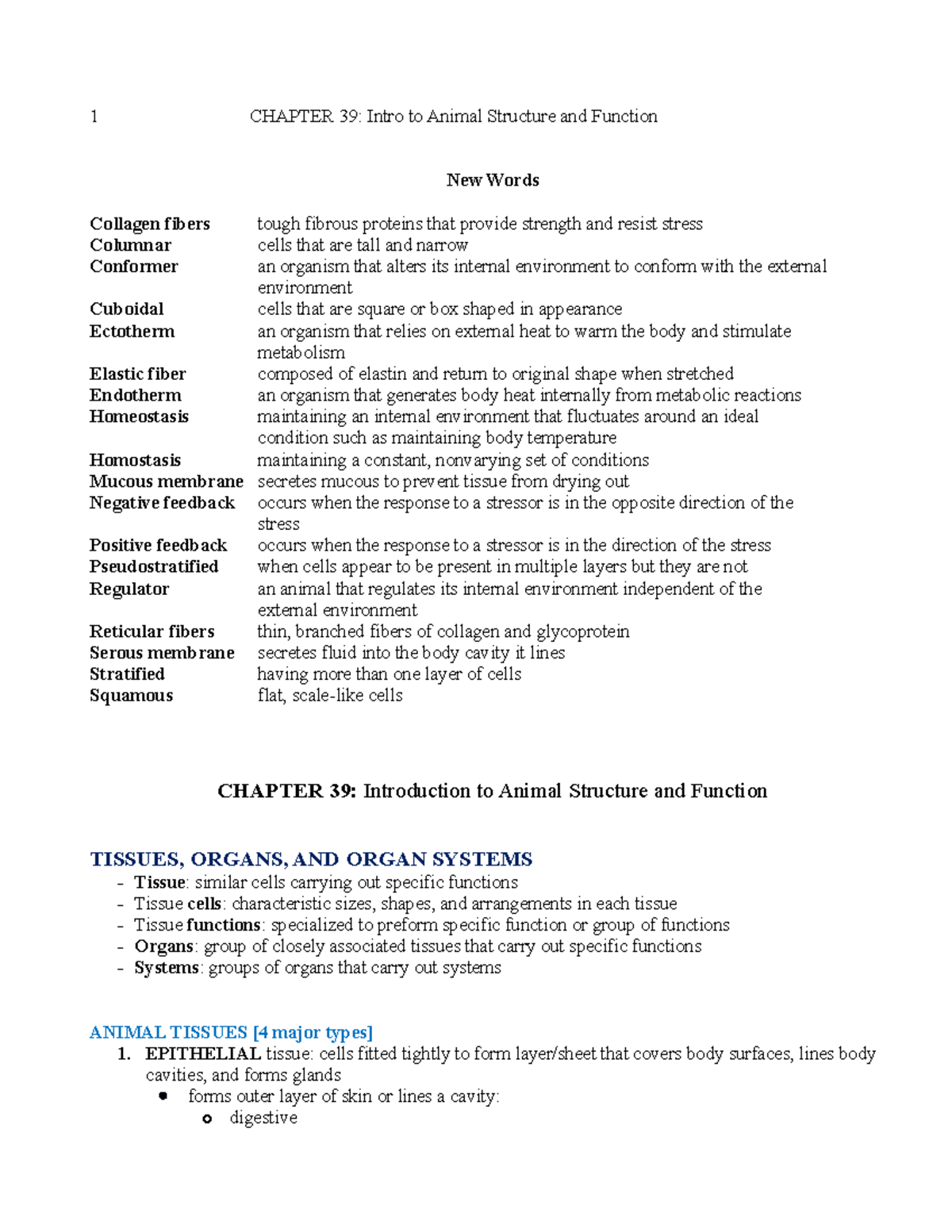 CH 39 ; animal structure+function - 1 CHAPTER 39: Intro to Animal ...
