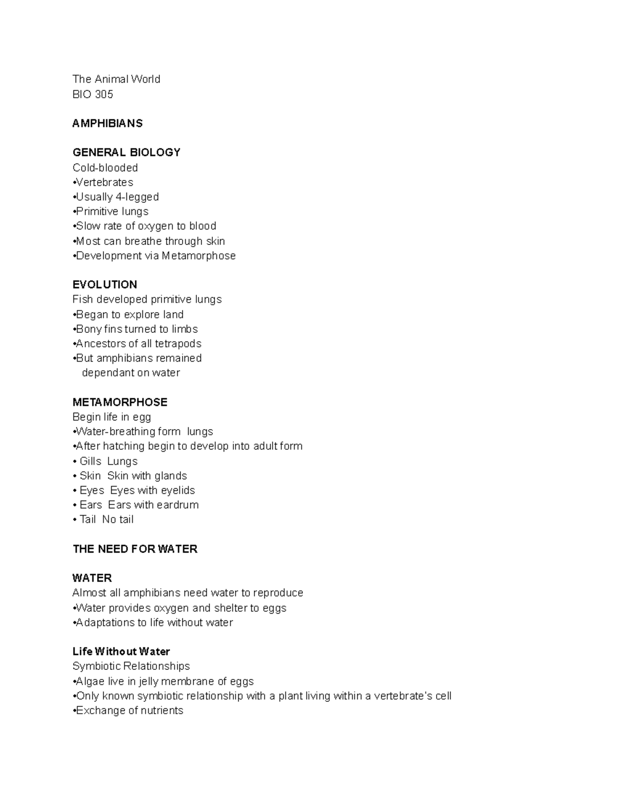 Animal 11 - Lecture notes - The Animal World BIO 305 AMPHIBIANS GENERAL ...