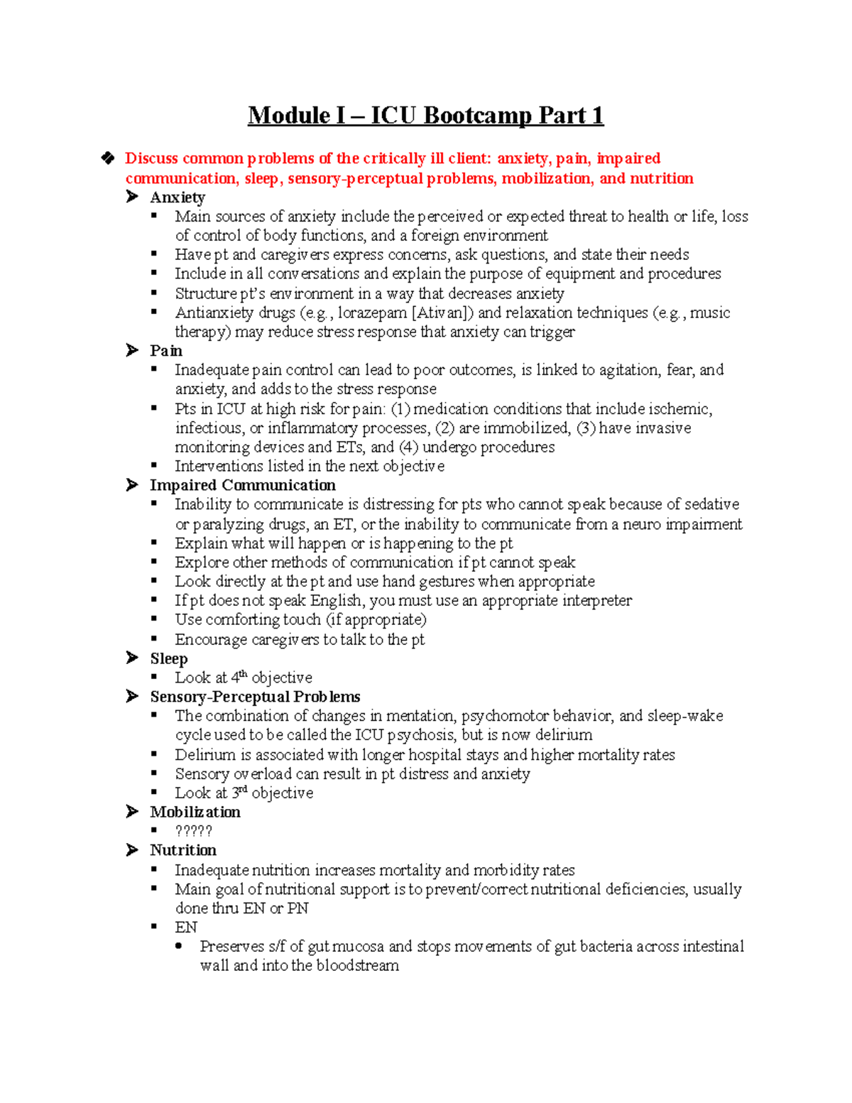 Module i reading notes - Module I – ICU Bootcamp Part 1 Discuss common ...