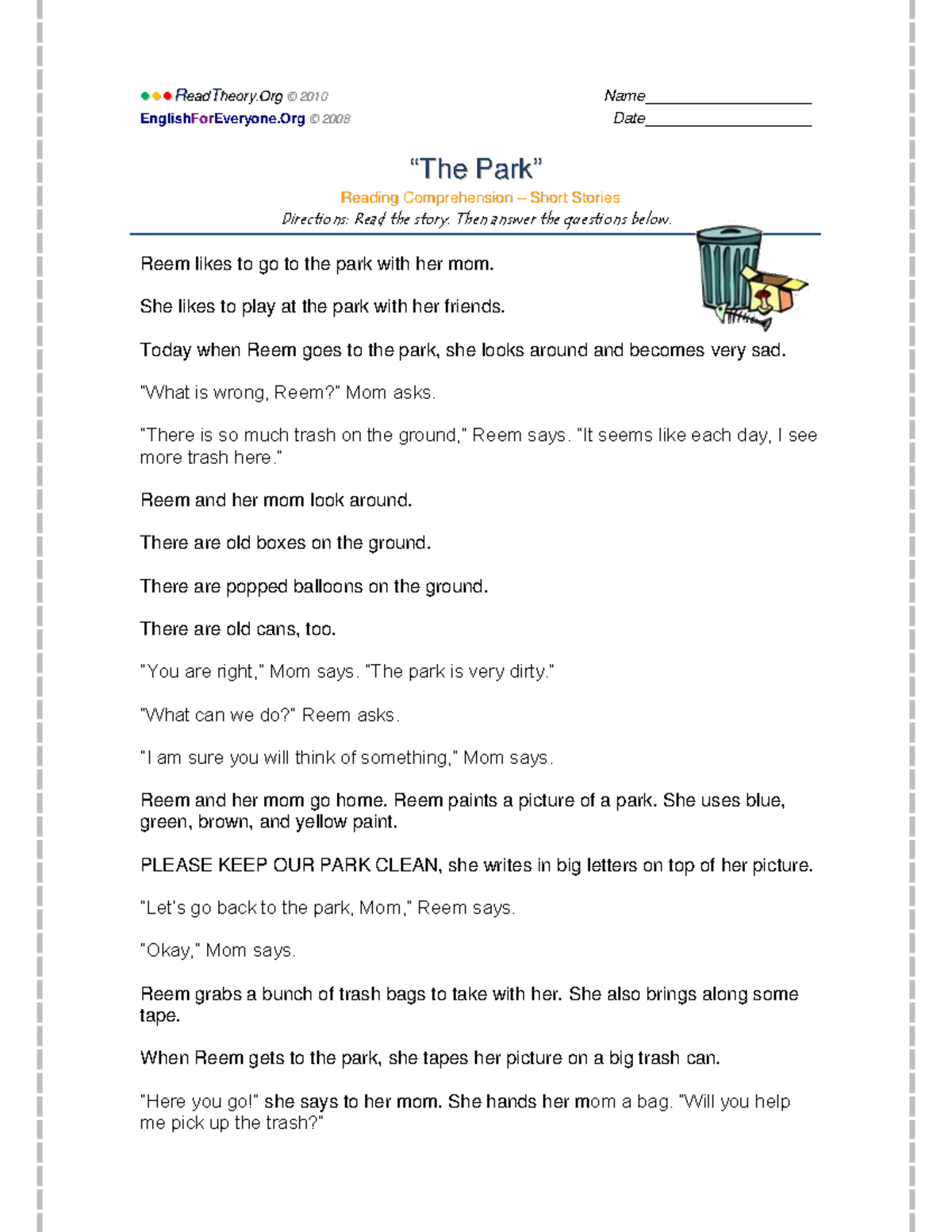 The Park - ... - RReeaaddTTheheoorryy. ©© 2 2001100 Name ...