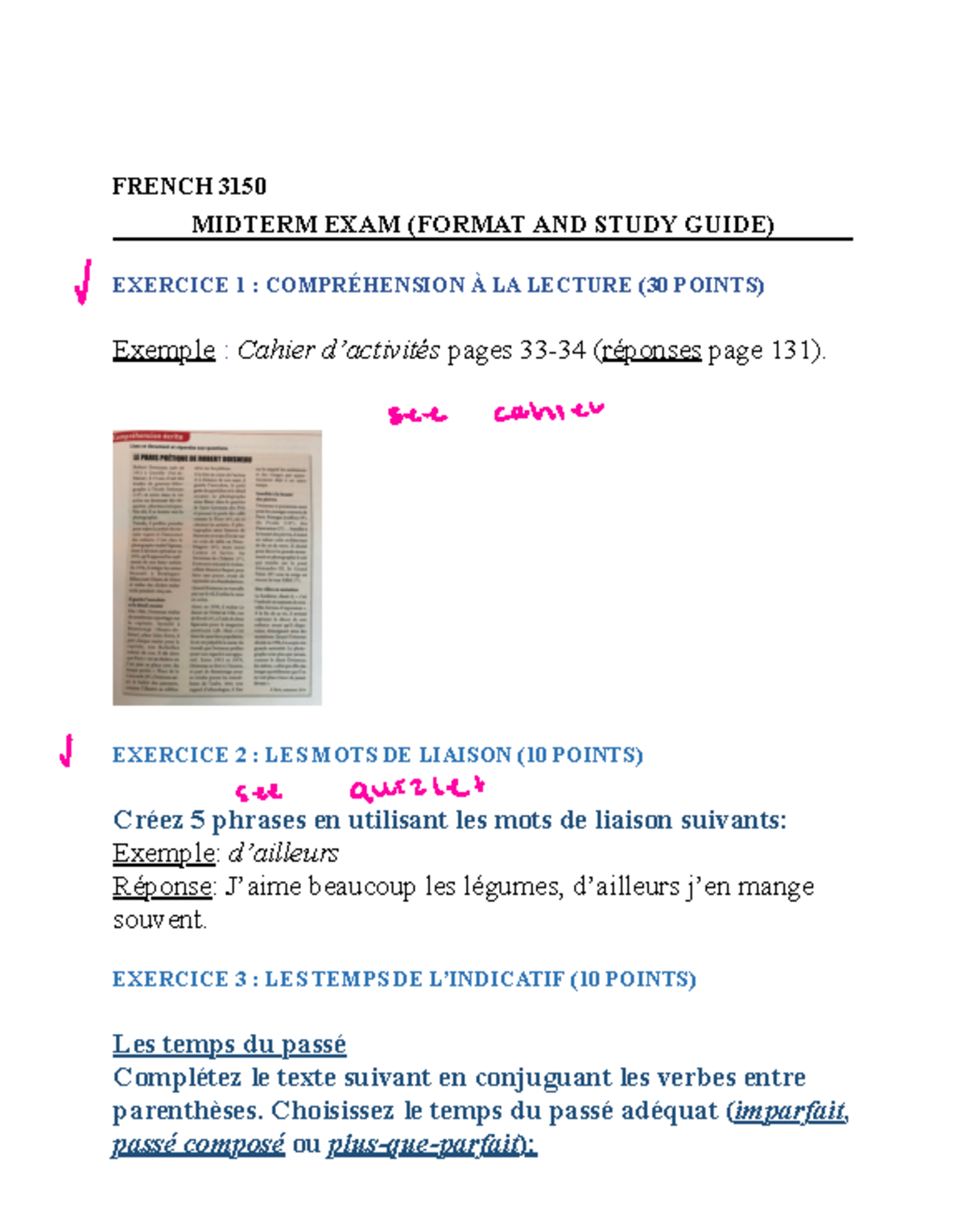 French Midterm study guide - FRENCH 3150 MIDTERM EXAM (FORMAT AND STUDY ...