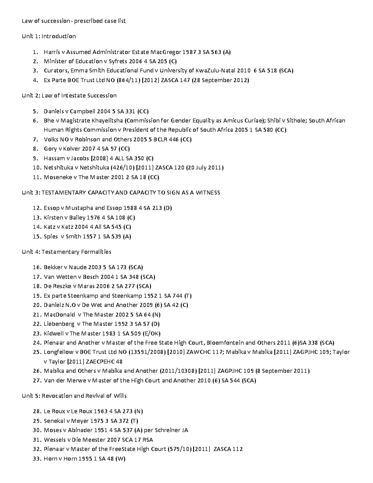 Law of succession- complete prescribed case list - Law of succession ...