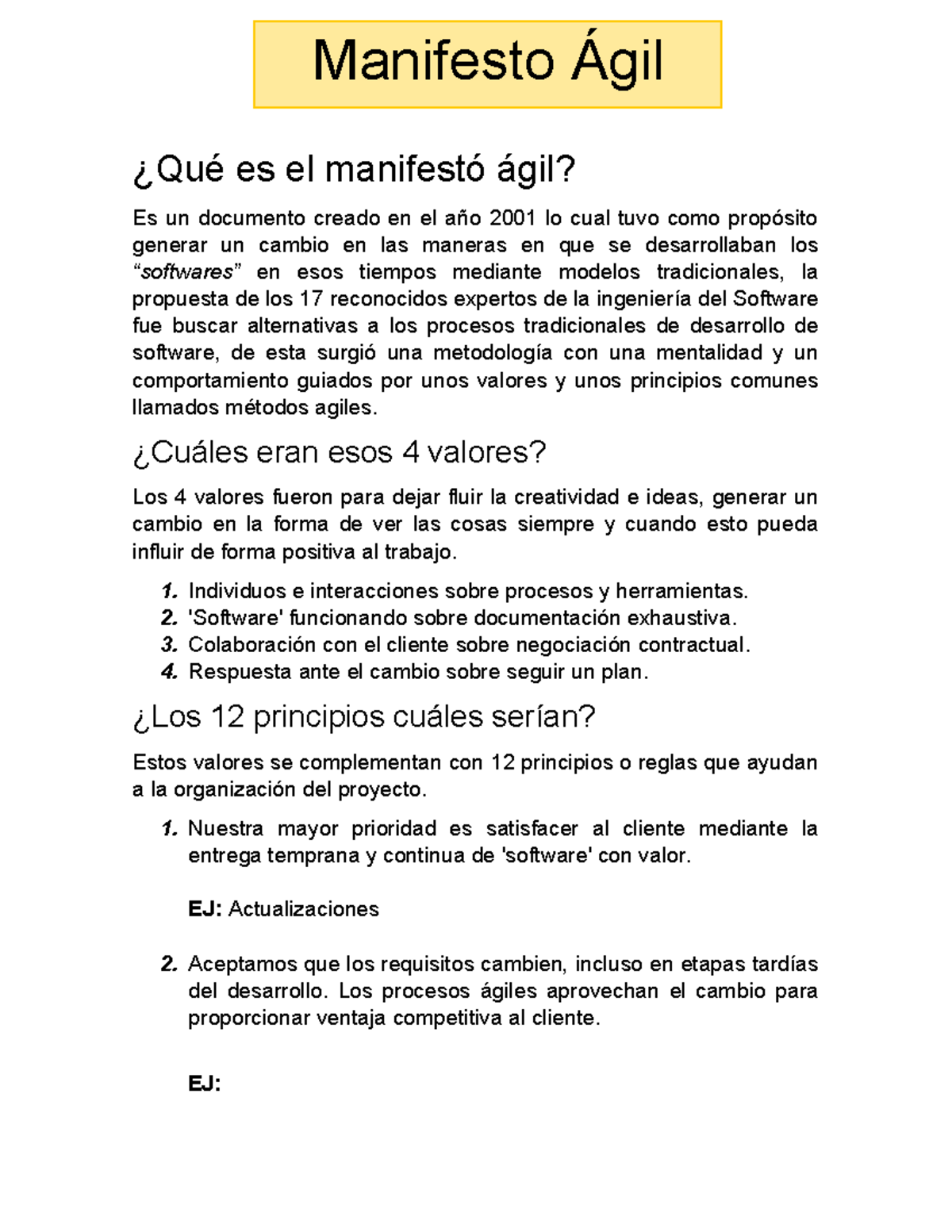 Tarea DE Manifesto - trabajo - ¿Qué es el manifestó ágil? Es un ...