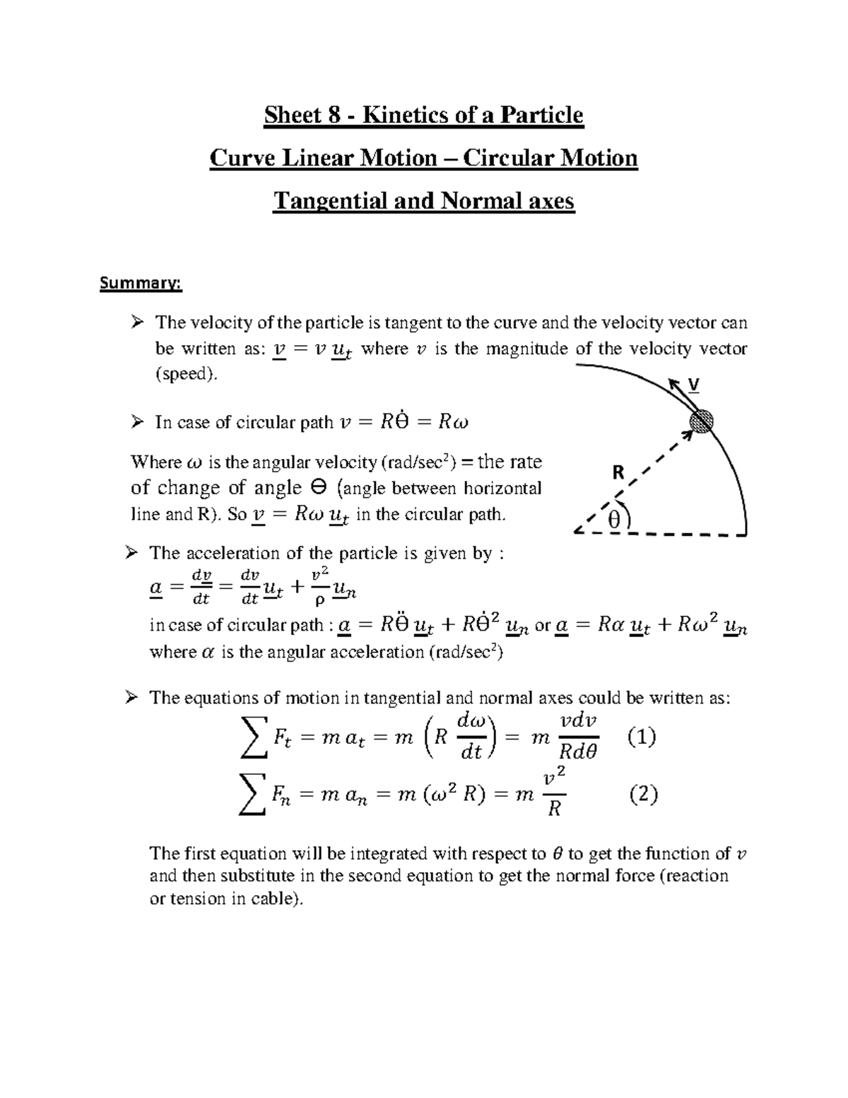 Sheet 8 - Kinetics Tangential and Normal axes - Sheet 8 - Kinetics of a ...