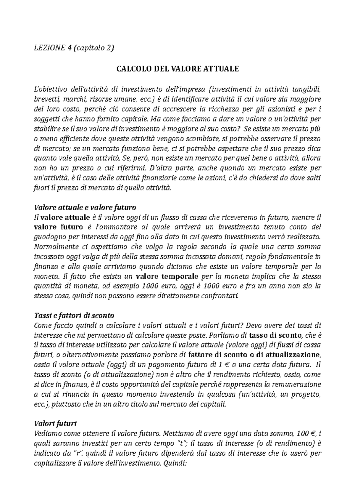 Lezione 4 finanza aziendale - LEZIONE 4 (capitolo 2) CALCOLO DEL VALORE ...