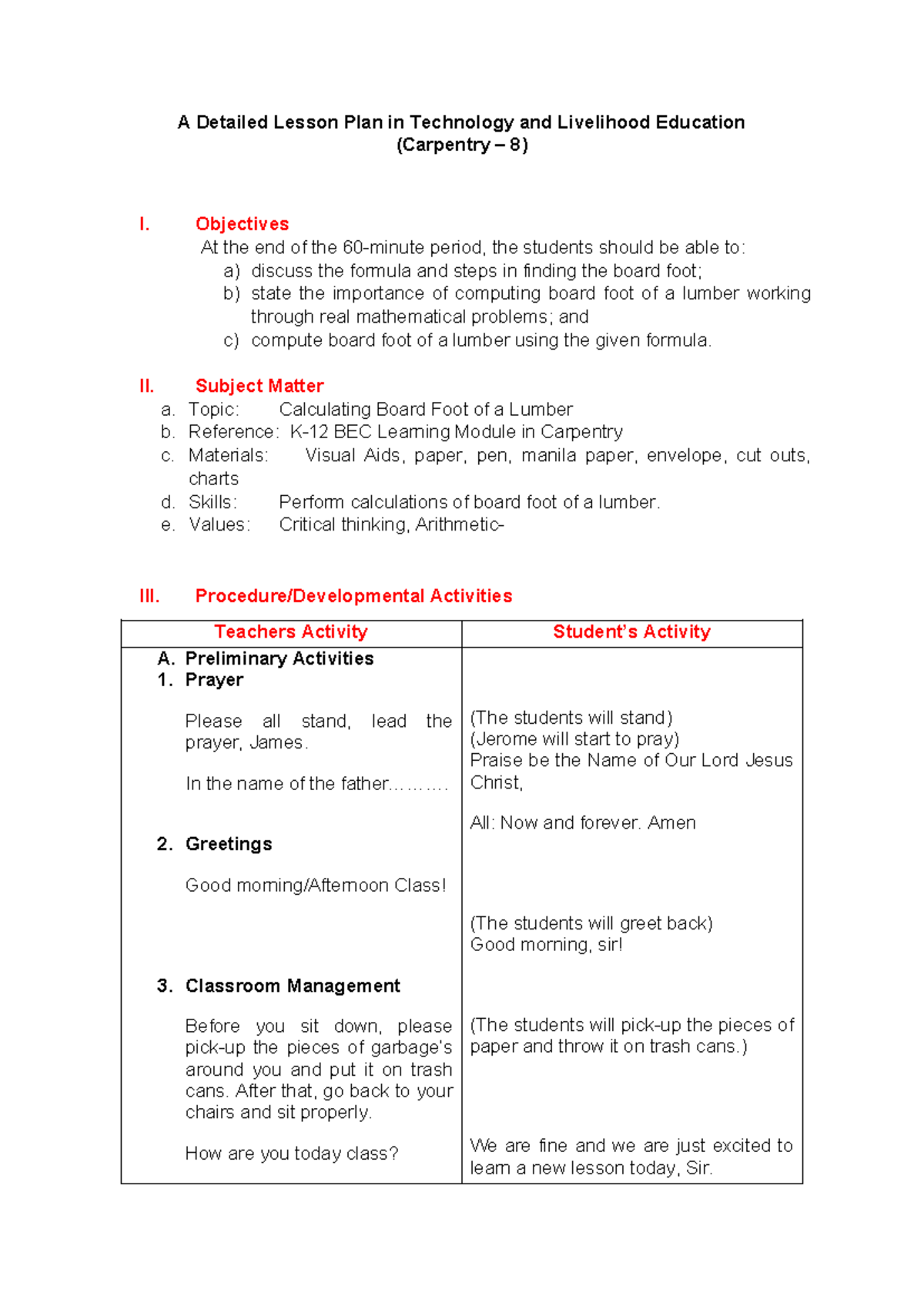 Detailed Lesson PLAN IN Carpentry - A Detailed Lesson Plan in ...