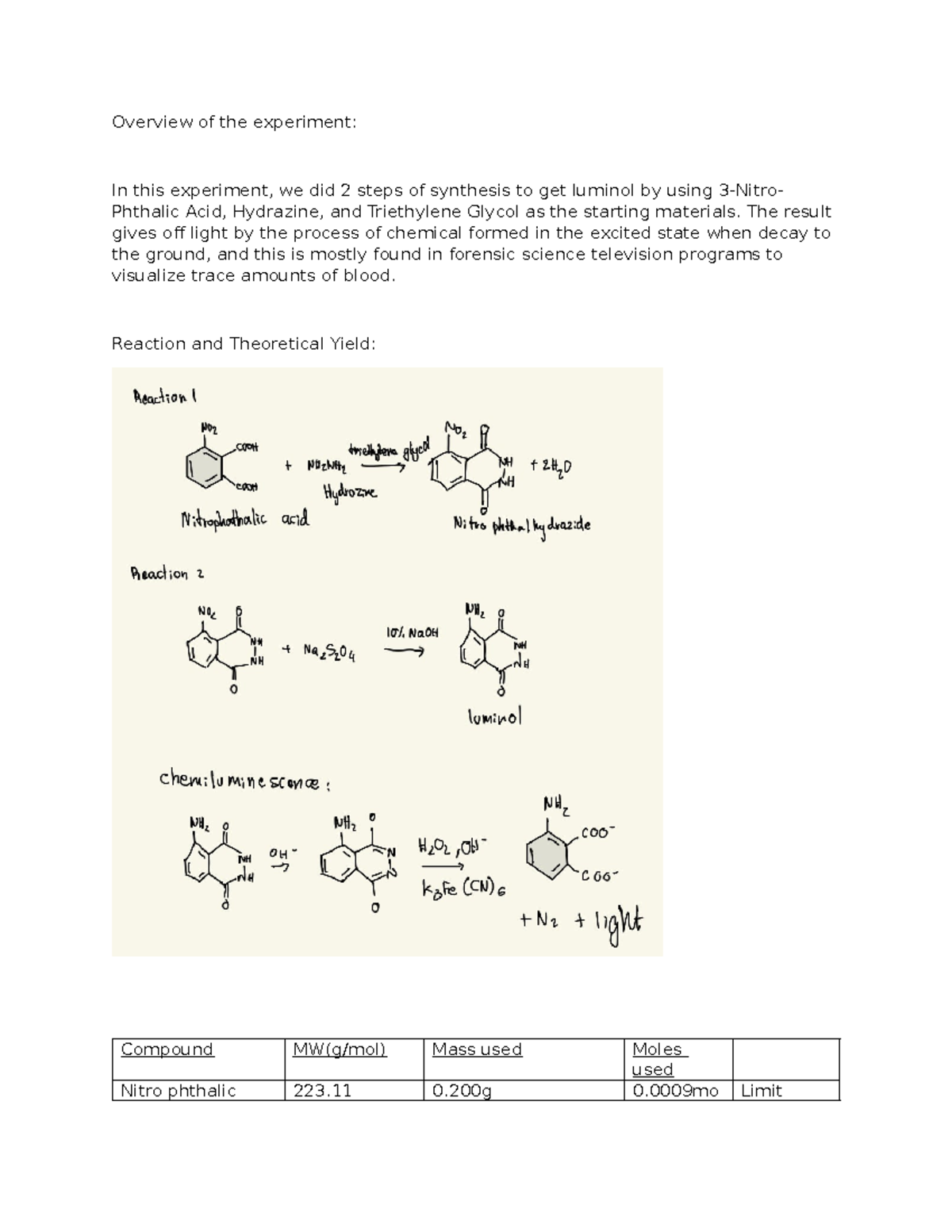 Chemiluminescence Labreport - Overview of the experiment: In this ...
