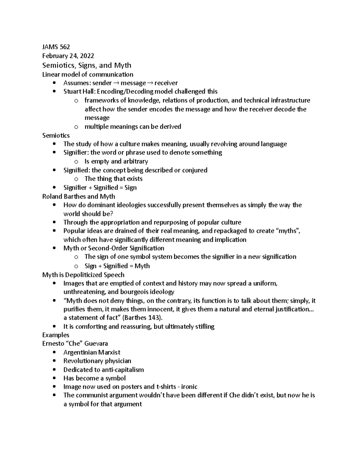 Semiotics Signs Myth February 24 JAMS562 - JAMS 562 February 24, 2022 ...