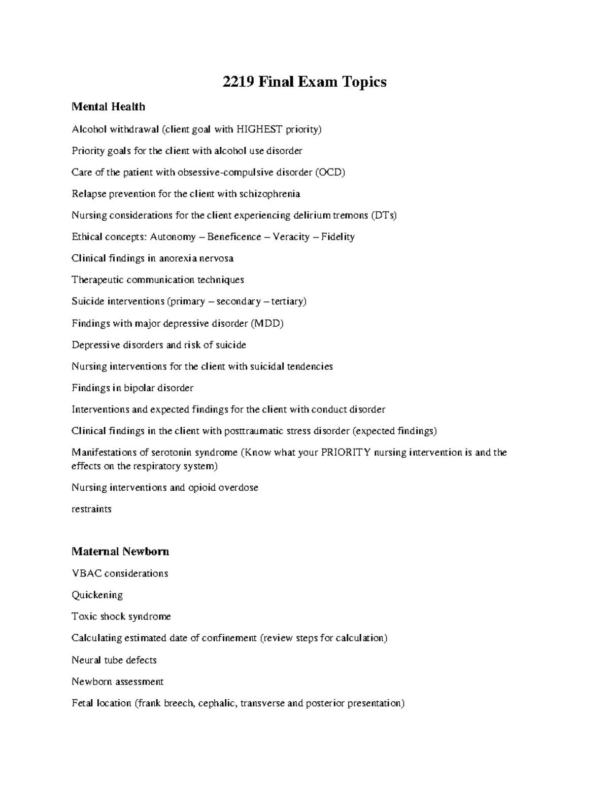 2219 Final Exam Topics - 2219 Final Exam Topics Mental Health Alcohol ...