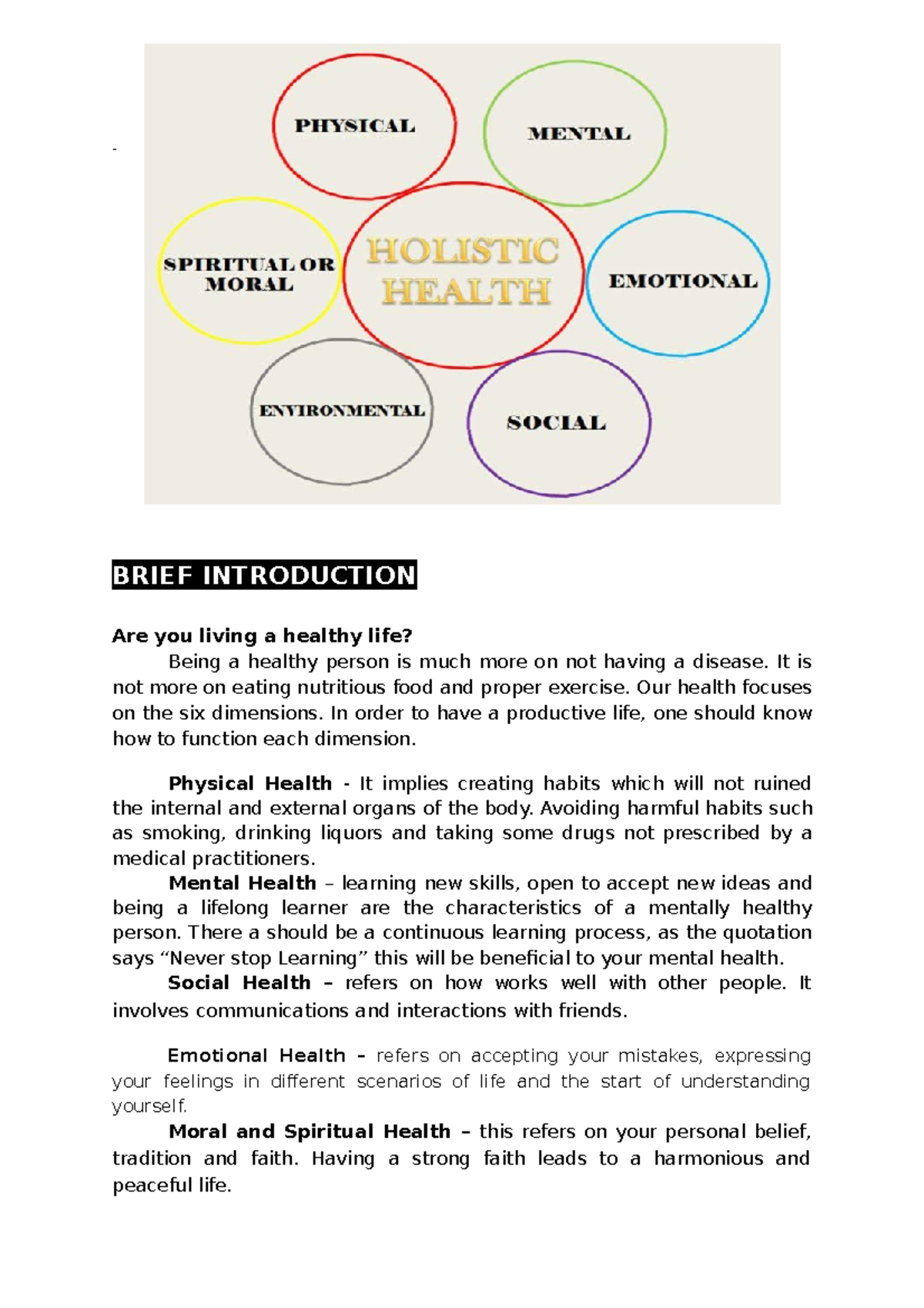 Brief Introduction IN Health WK. 1 - BRIEF INTRODUCTION Are you living ...