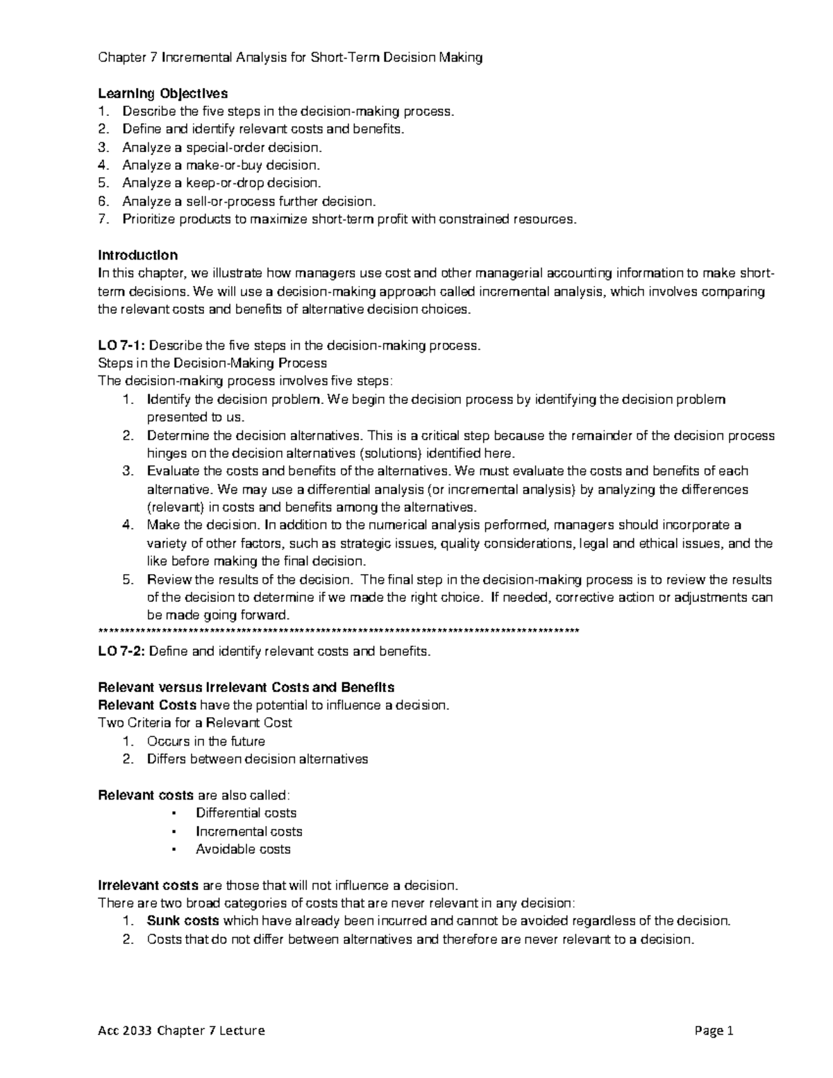 Chapter 7 Notes 4e - Chapter 7 Incremental Analysis for Short-Term ...
