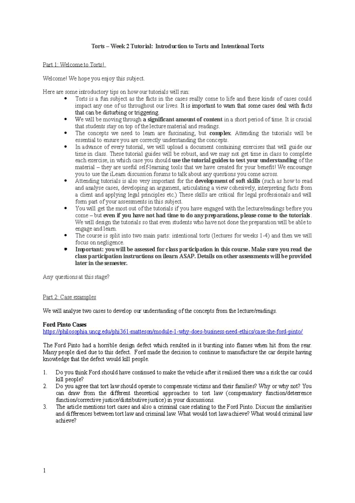 Week 2 tutorial 2023 - Torts questions - Torts – Week 2 Tutorial: Introduction to Torts and ...