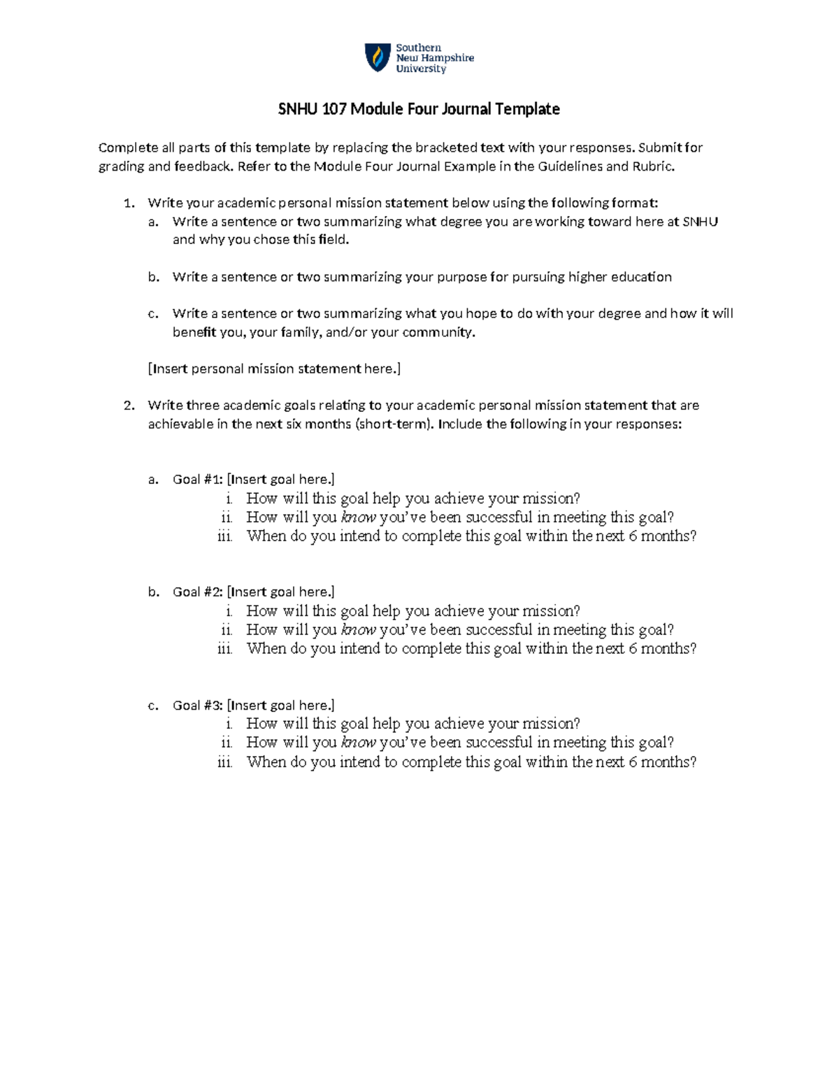 SNHU 107 Module Four Journal Template - SNHU 107 Module Four Journal ...