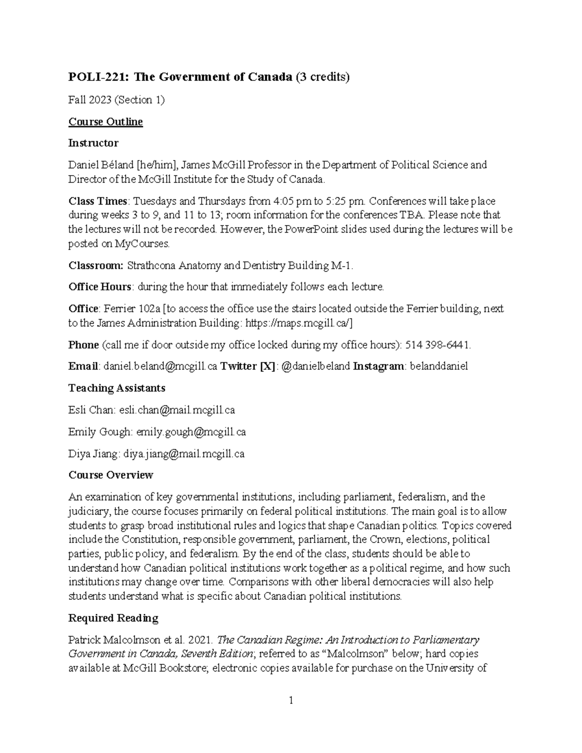 POLI 221 Outline September 14 2023-3 - POLI-221: The Government of ...