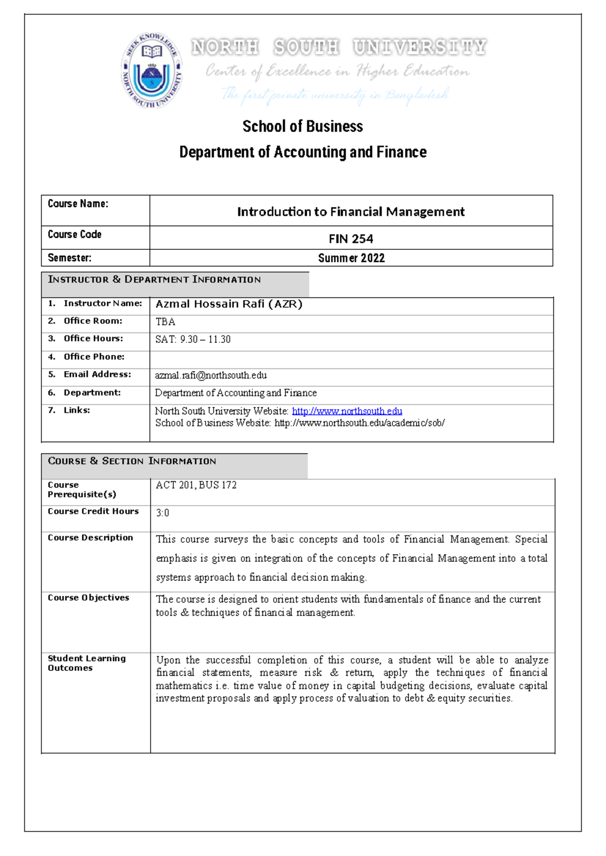 FIN254 Course Outline-2 - School of Business Department of Accounting ...