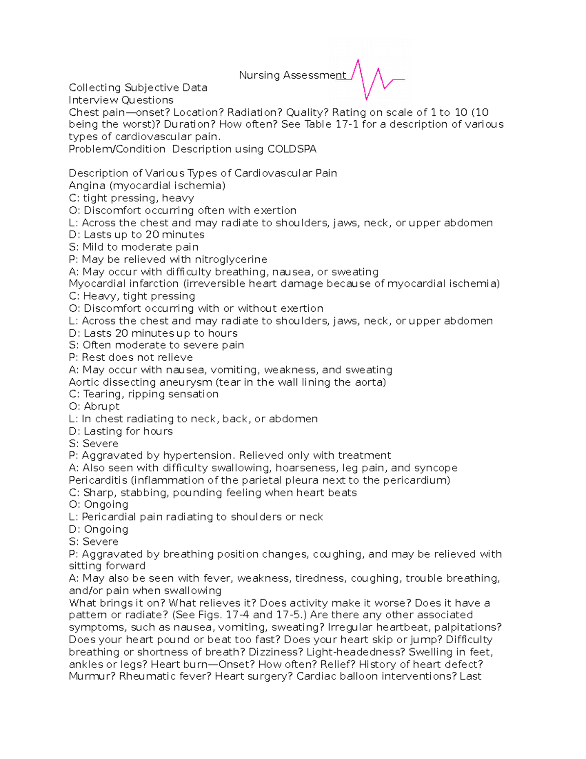 Nursing Assessment Notes - Nursing Assessment Collecting Subjective ...